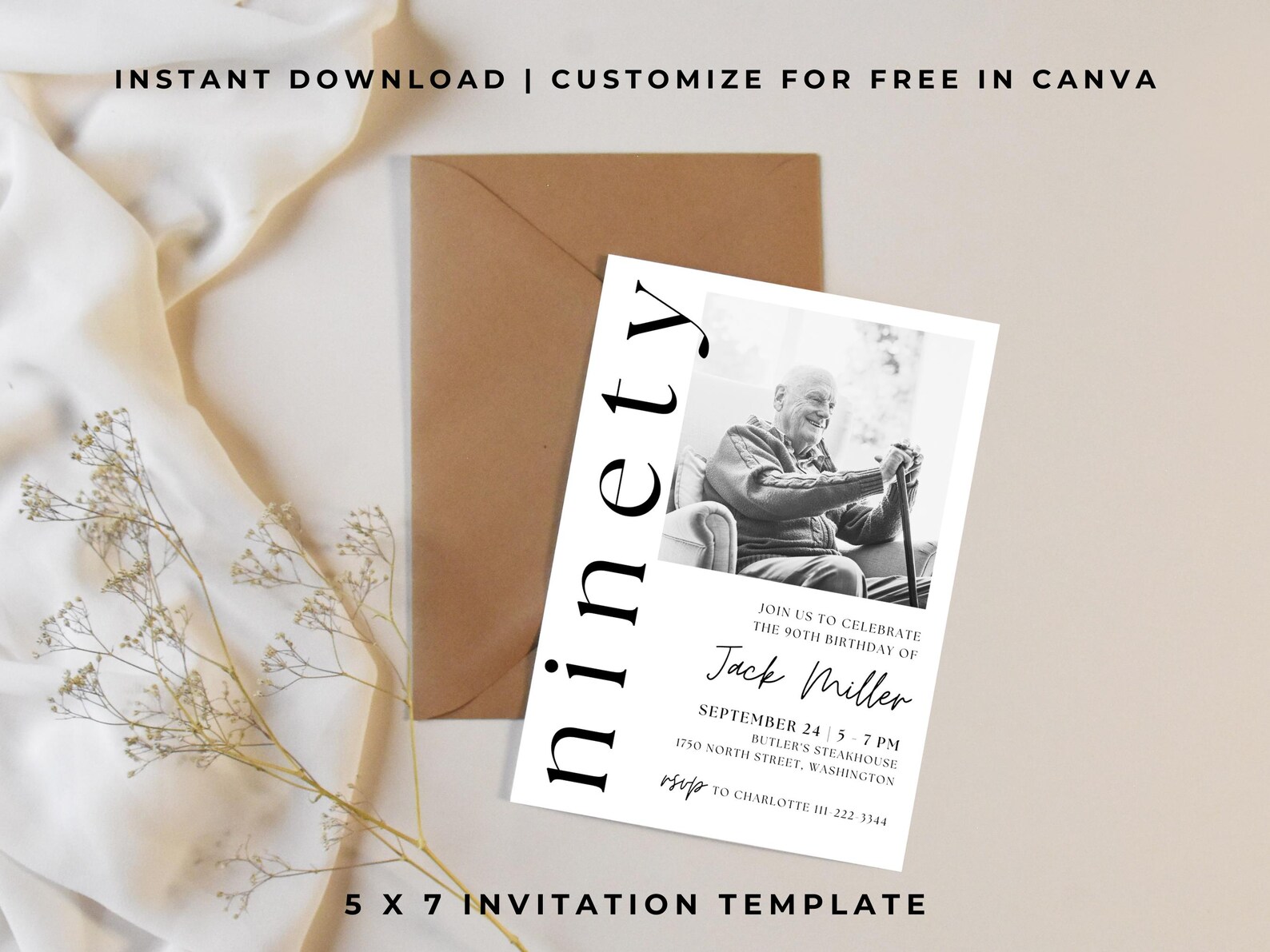 90th Birthday Invitation: Personalized Photo, Editable Canva Template ...