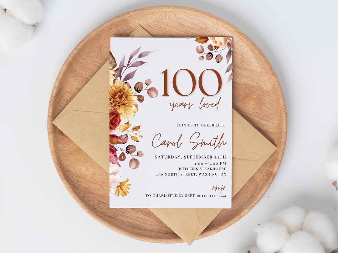 Floral 100th Birthday Invitation: Customizable Fall Invite (canva ...