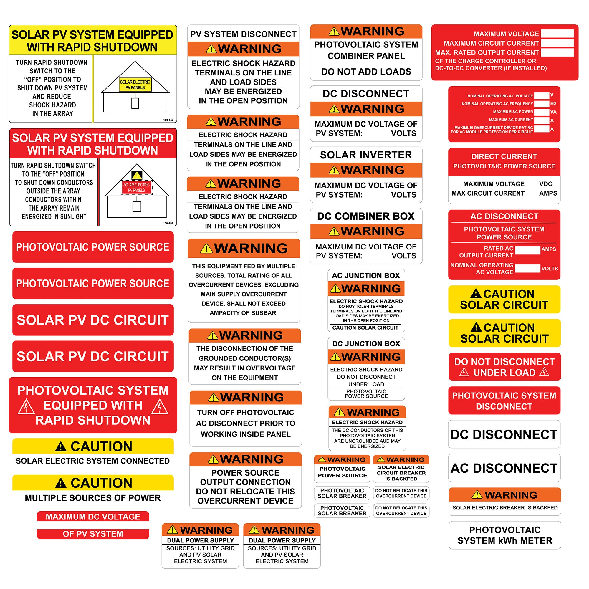 100-102 Solar Safety Labels Pack of 43-2014, 2017 and 2020 NEC Pack ...