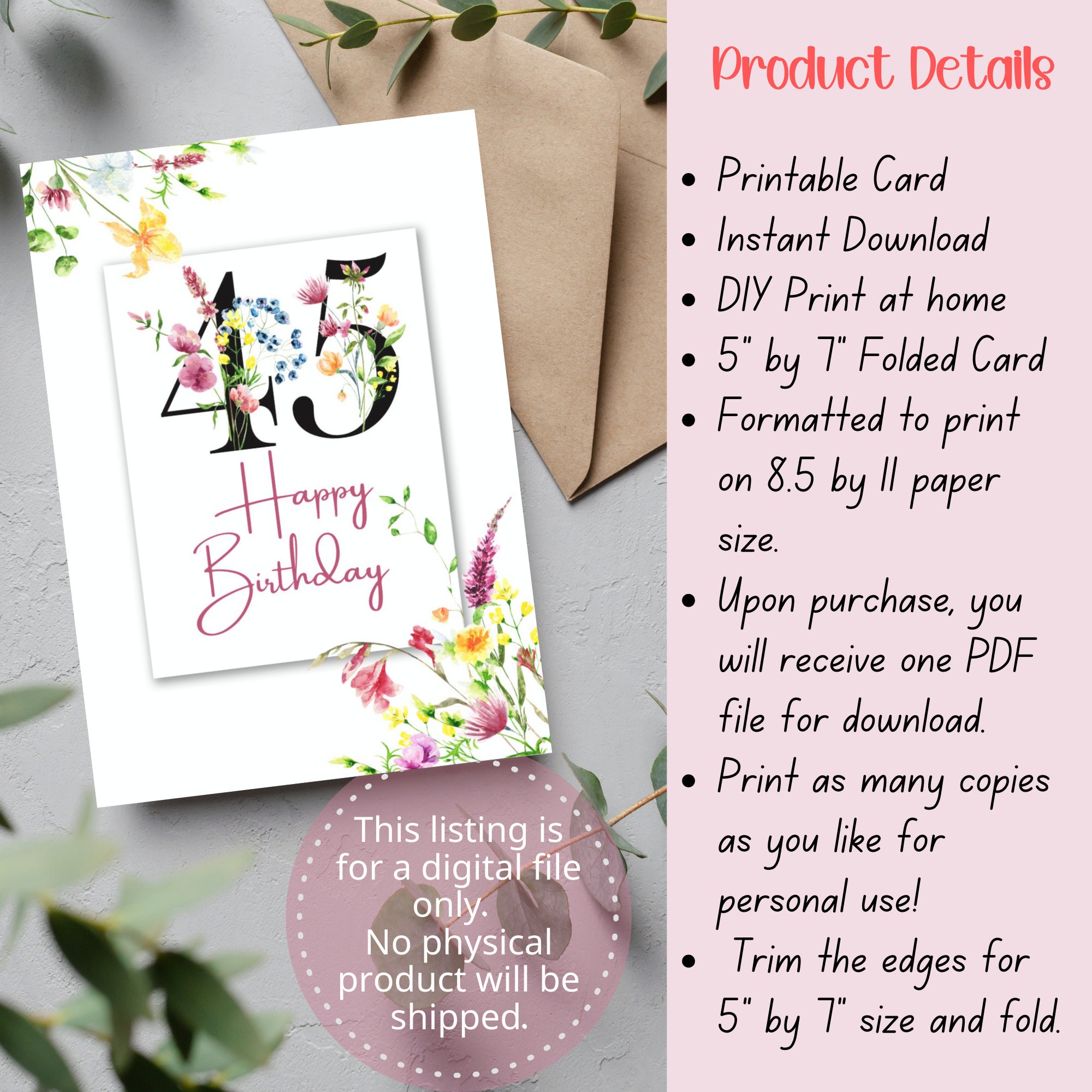 Printable 45th Happy Birthday Card Instant Download Blank - Etsy