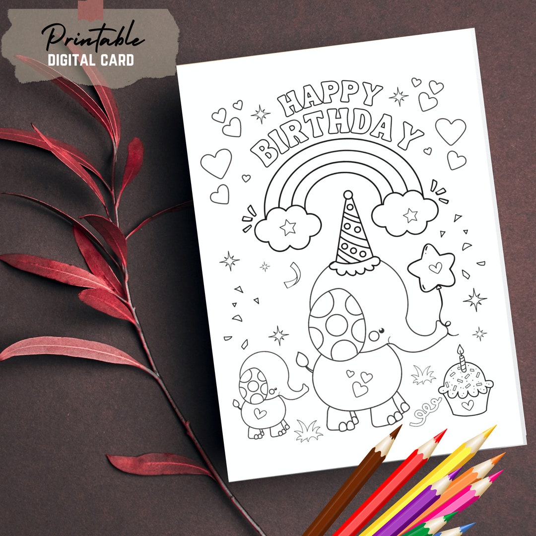 Printable Happy Birthday Coloring Card Activity Cute Elephants Coloring ...