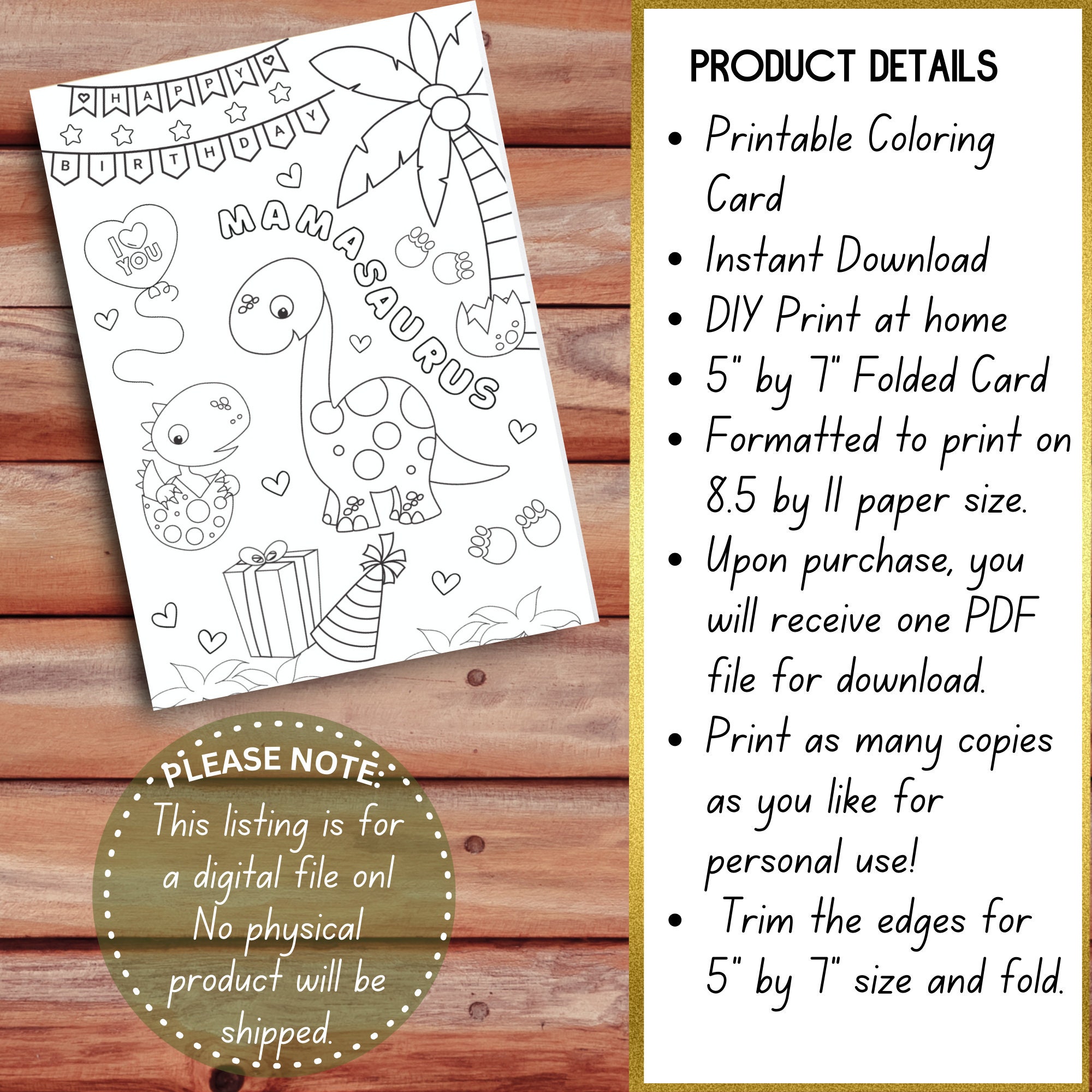 Printable Happy Birthday Mom Coloring Card Activity Dinosaur Coloring ...