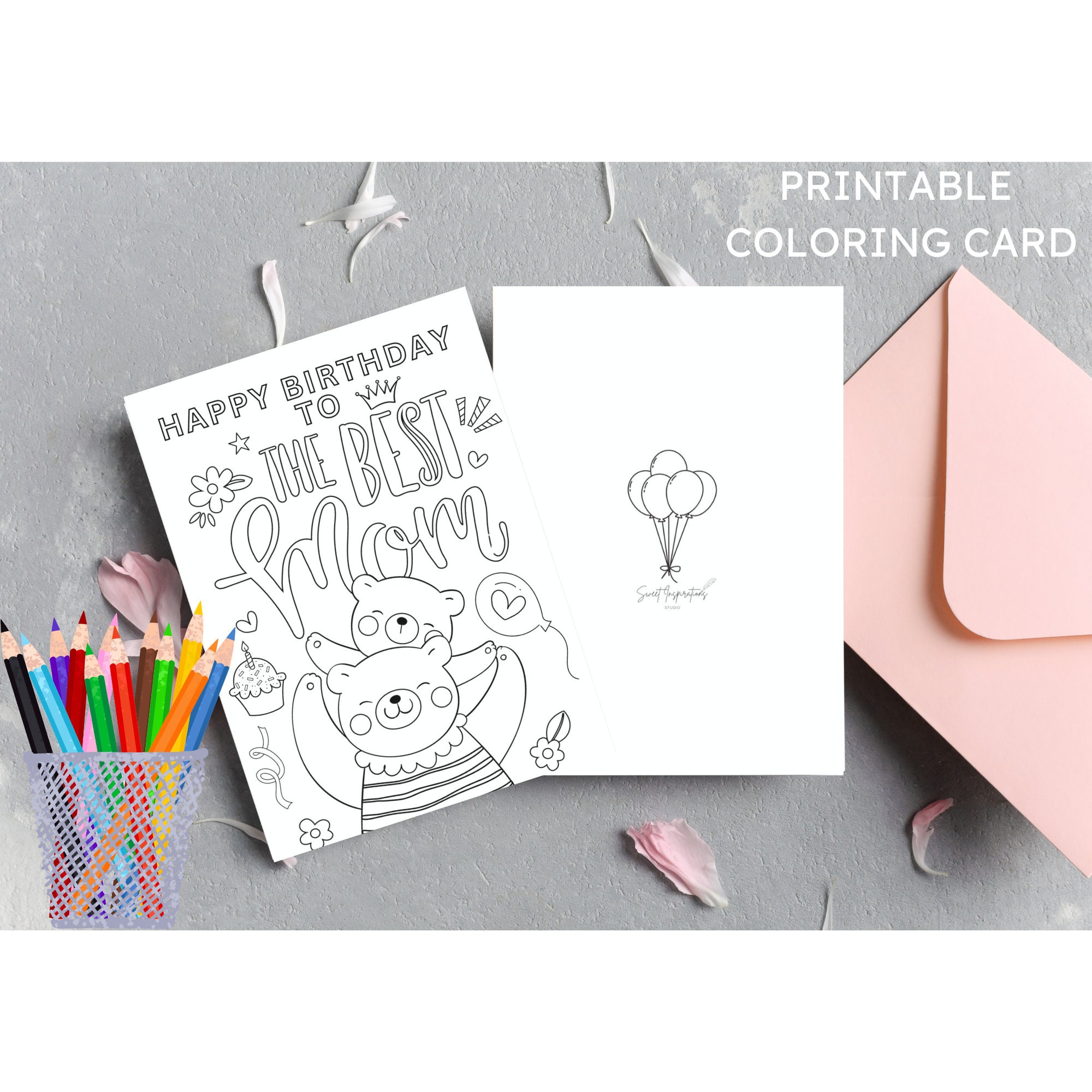Printable Mom Birthday Coloring Card Activity Bear Mom and Baby ...