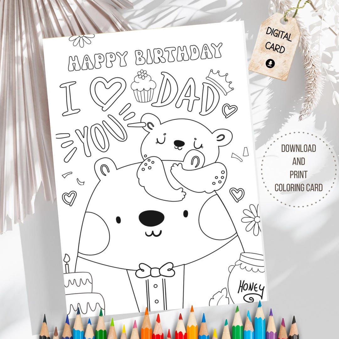 Dad Birthday Coloring Card Printable Papa Bear Kids Coloring Card DIY ...