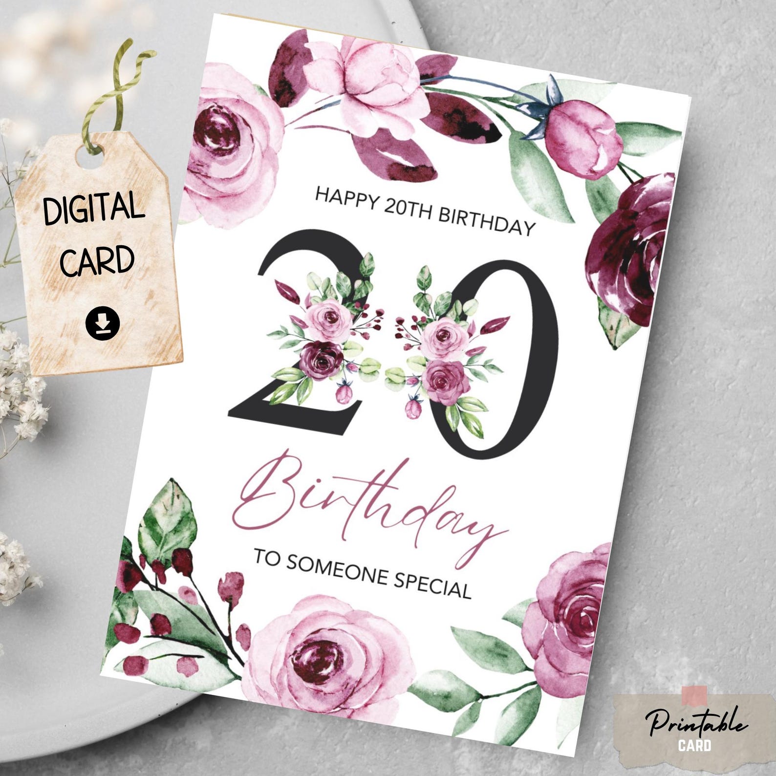 Printable 20th Happy Birthday Card Instant Download Blank Interior 20th ...