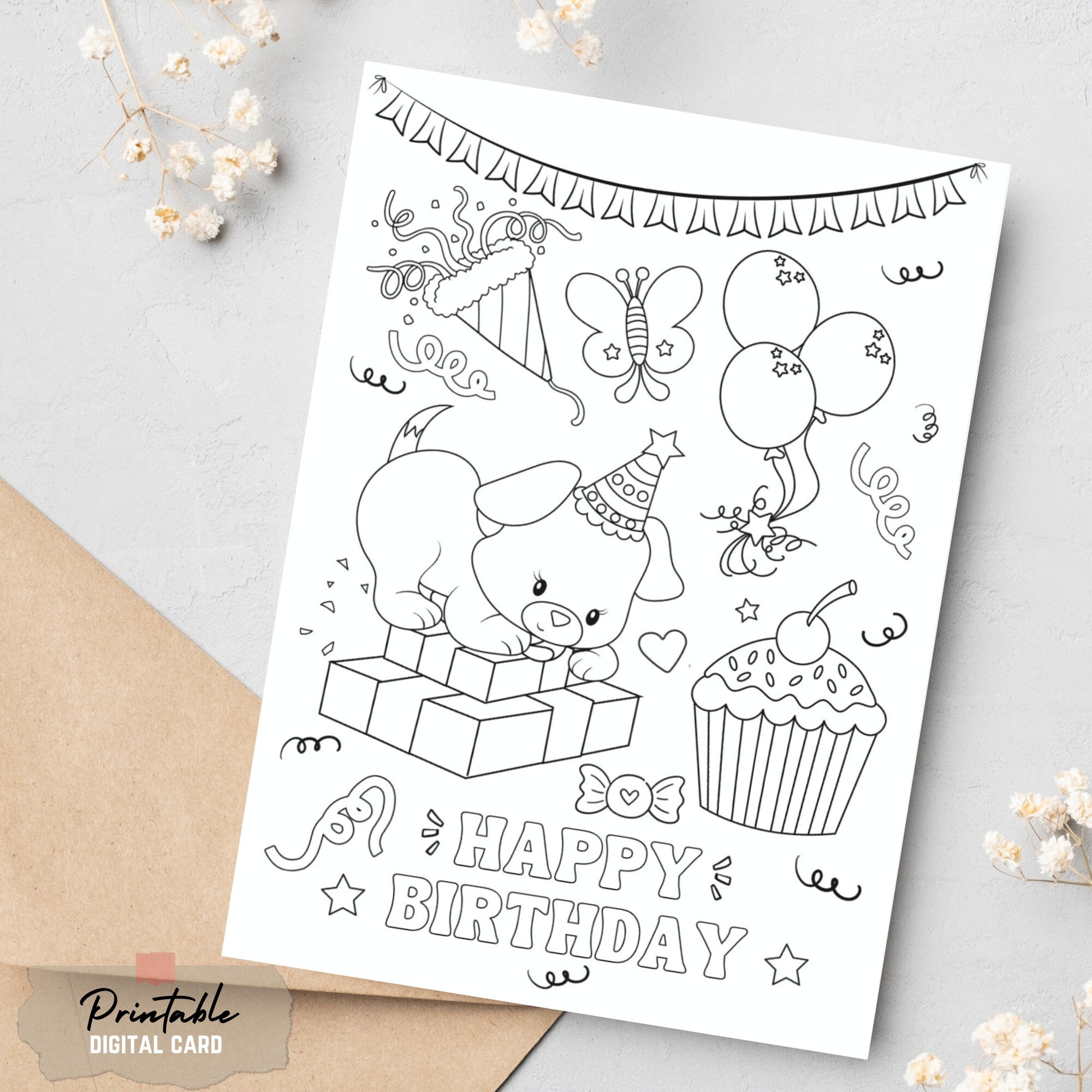Printable Happy Birthday Coloring Card Activity Cute Puppy Coloring ...