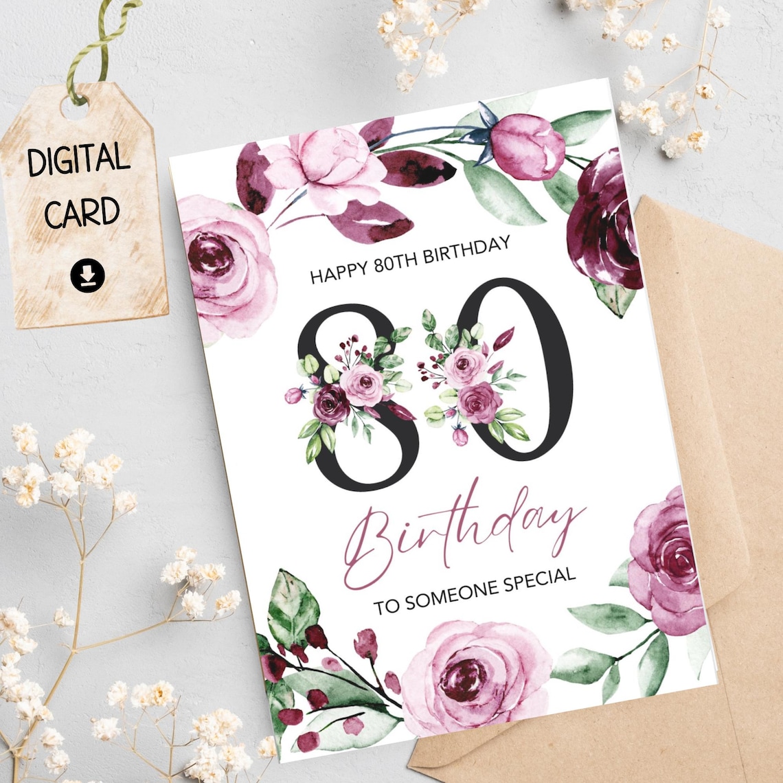 Printable 80th Happy Birthday Card Instant Download Blank Interior 80th ...