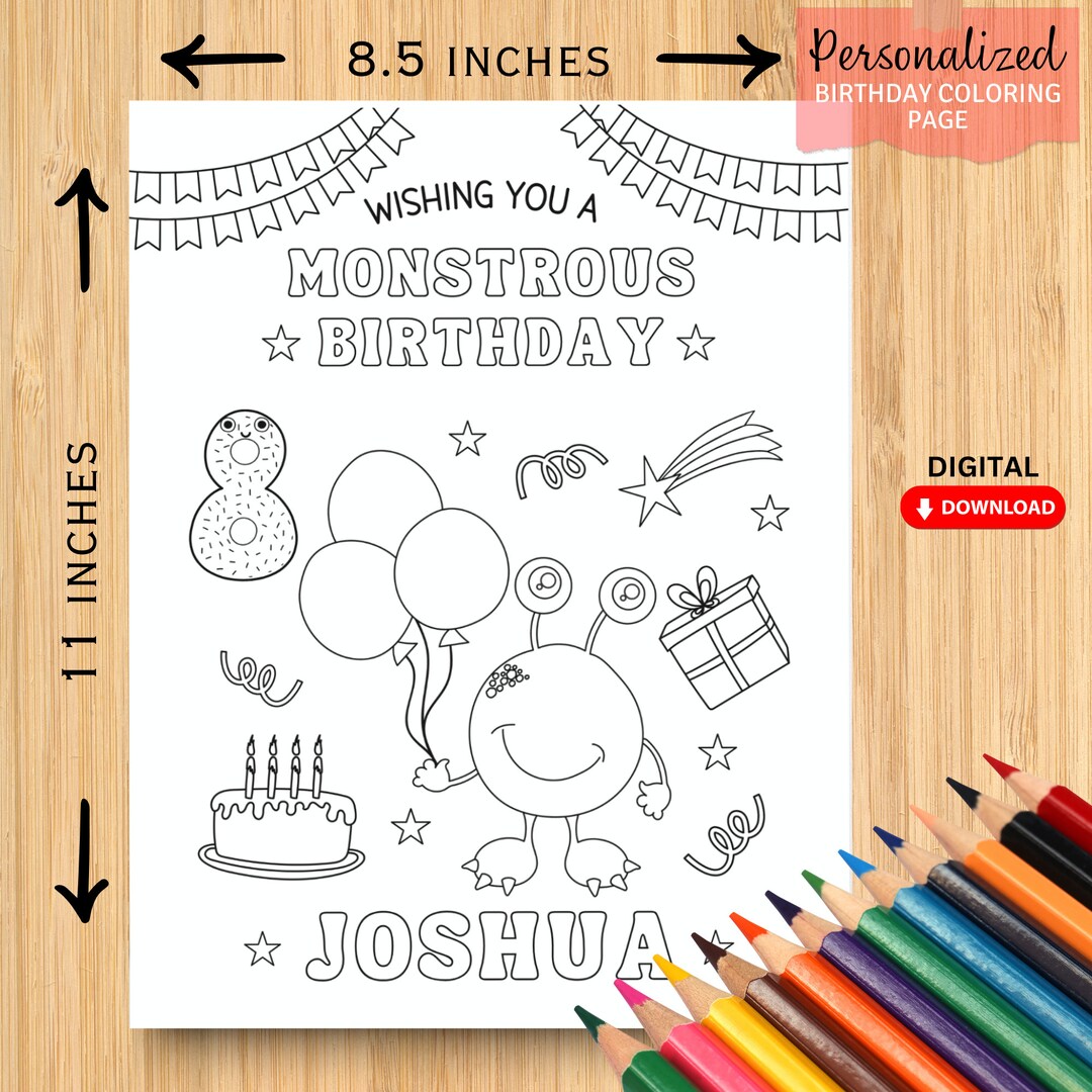 Birthday Activity Coloring Sheet Personalized Coloring Page Monsters ...