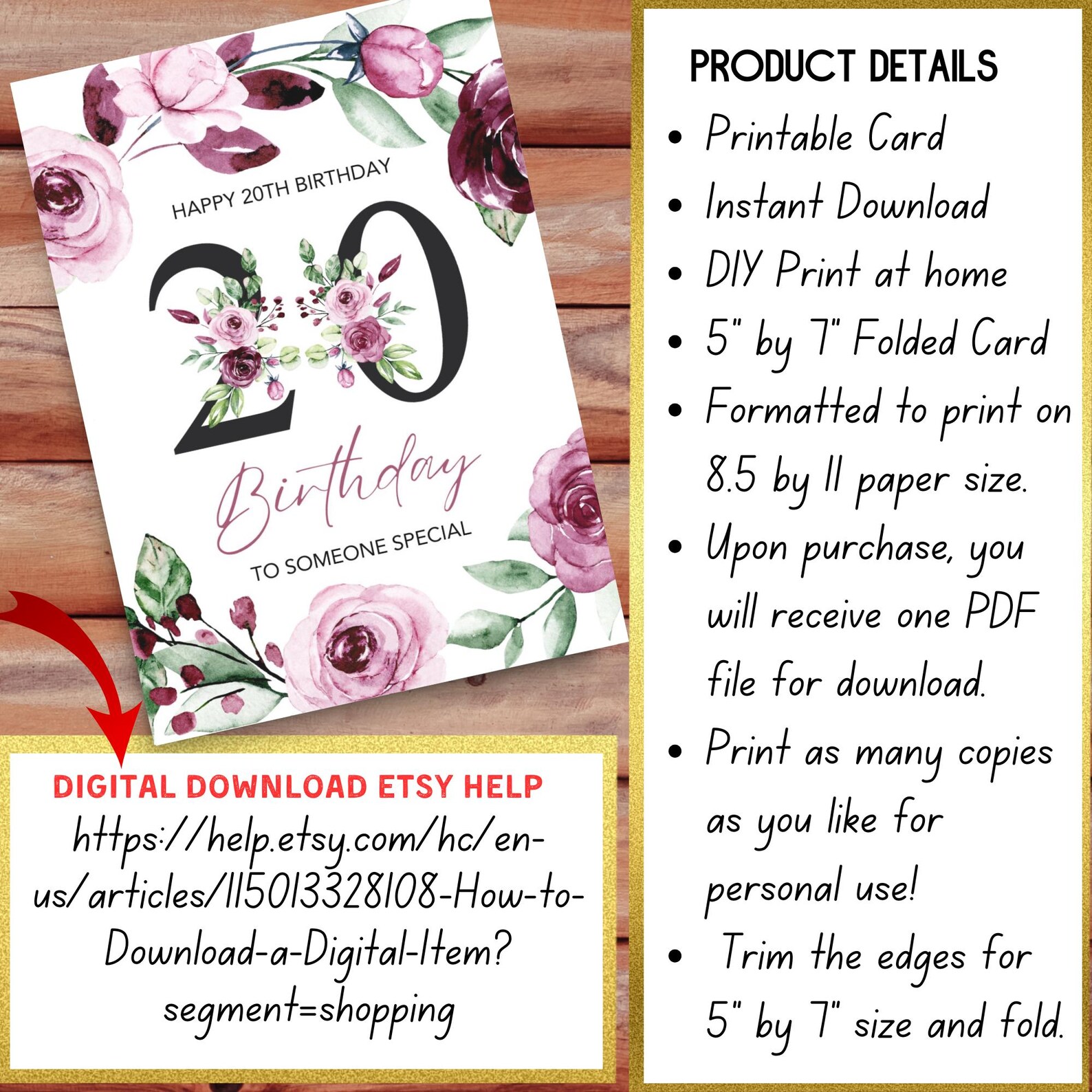 Printable 20th Happy Birthday Card Instant Download Blank Interior 20th ...