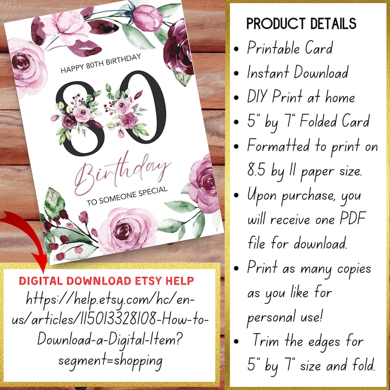 Printable 80th Happy Birthday Card Instant Download Blank Interior 80th ...