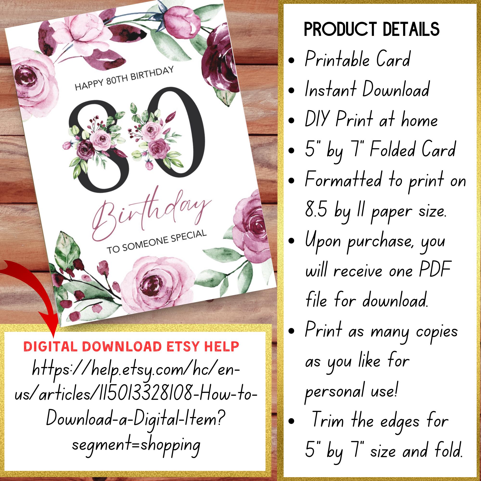 Printable 80th Happy Birthday Card Instant Download Blank Interior 80th ...