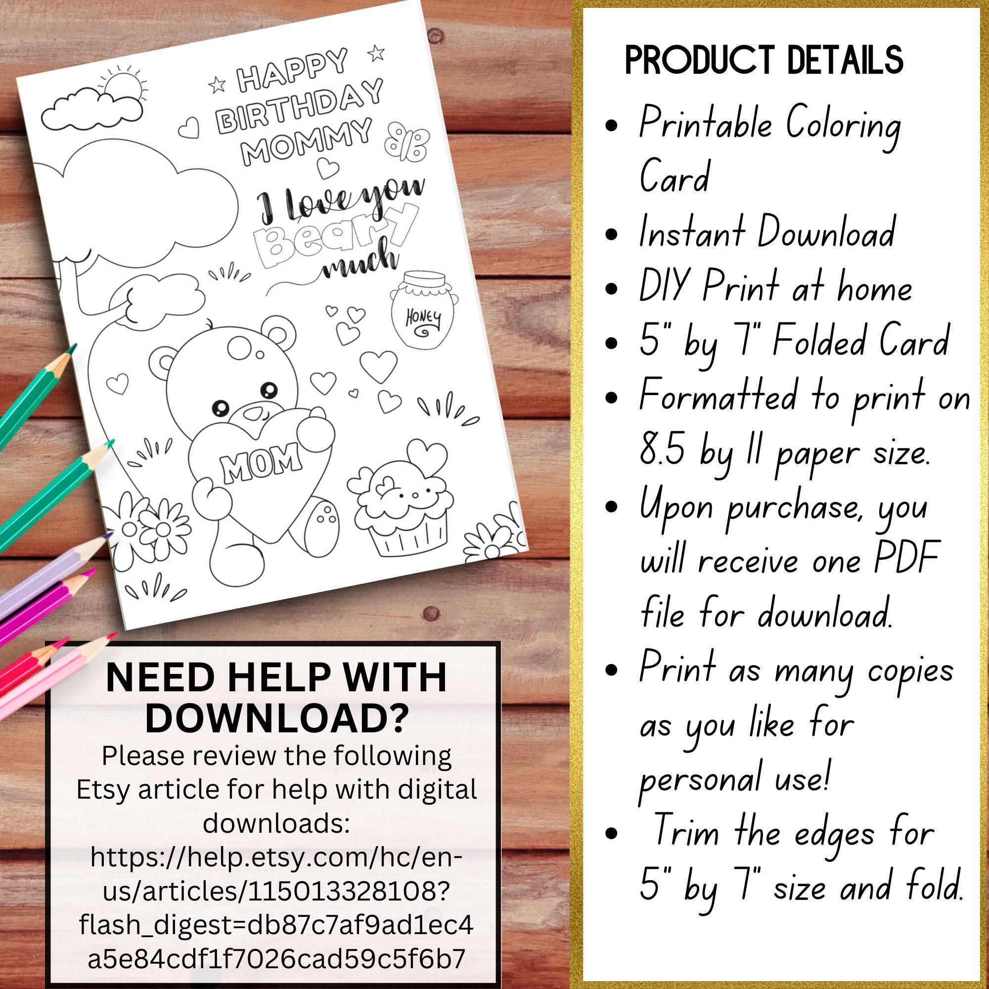Printable Mom Birthday Coloring Card Activity Bear Mom and Baby ...