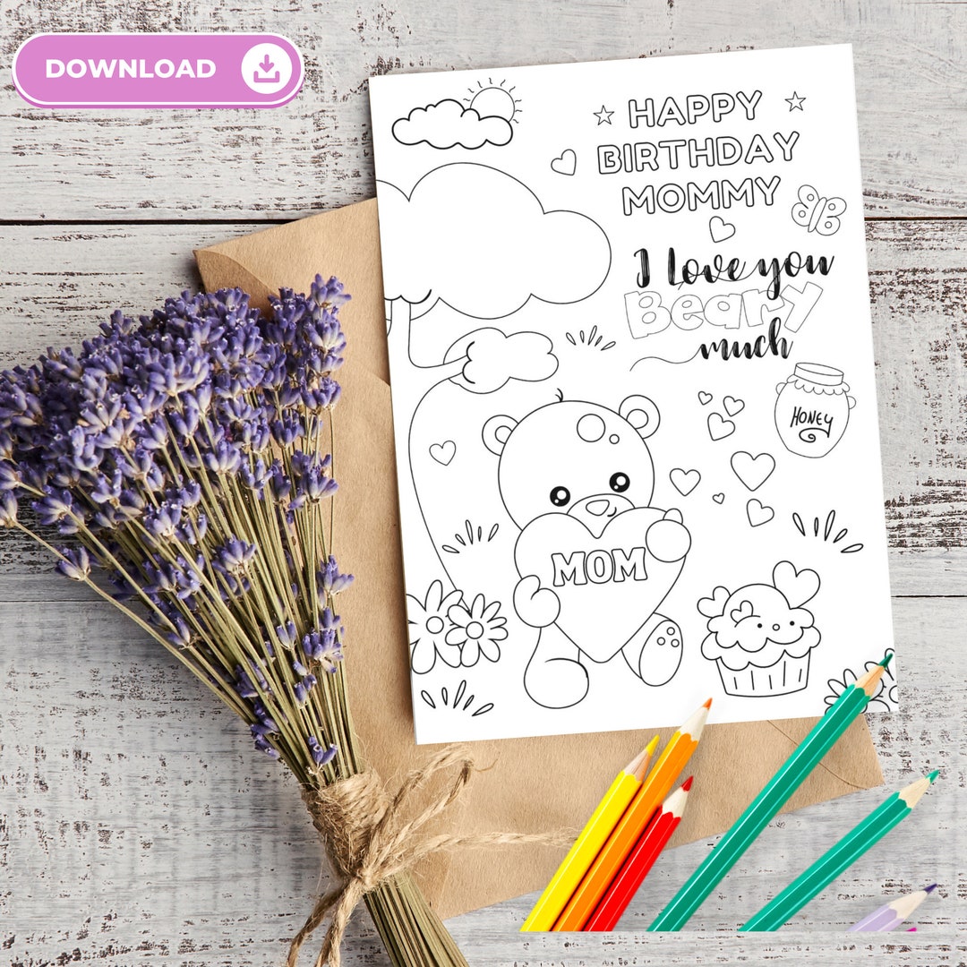 Printable Mom Birthday Coloring Card Activity Bear Mom and Baby ...
