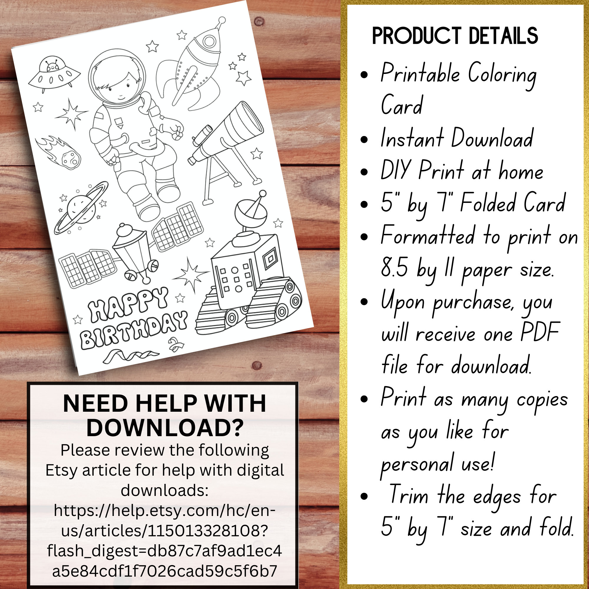 Printable Birthday Coloring Card Activity Space Theme Coloring Card for ...