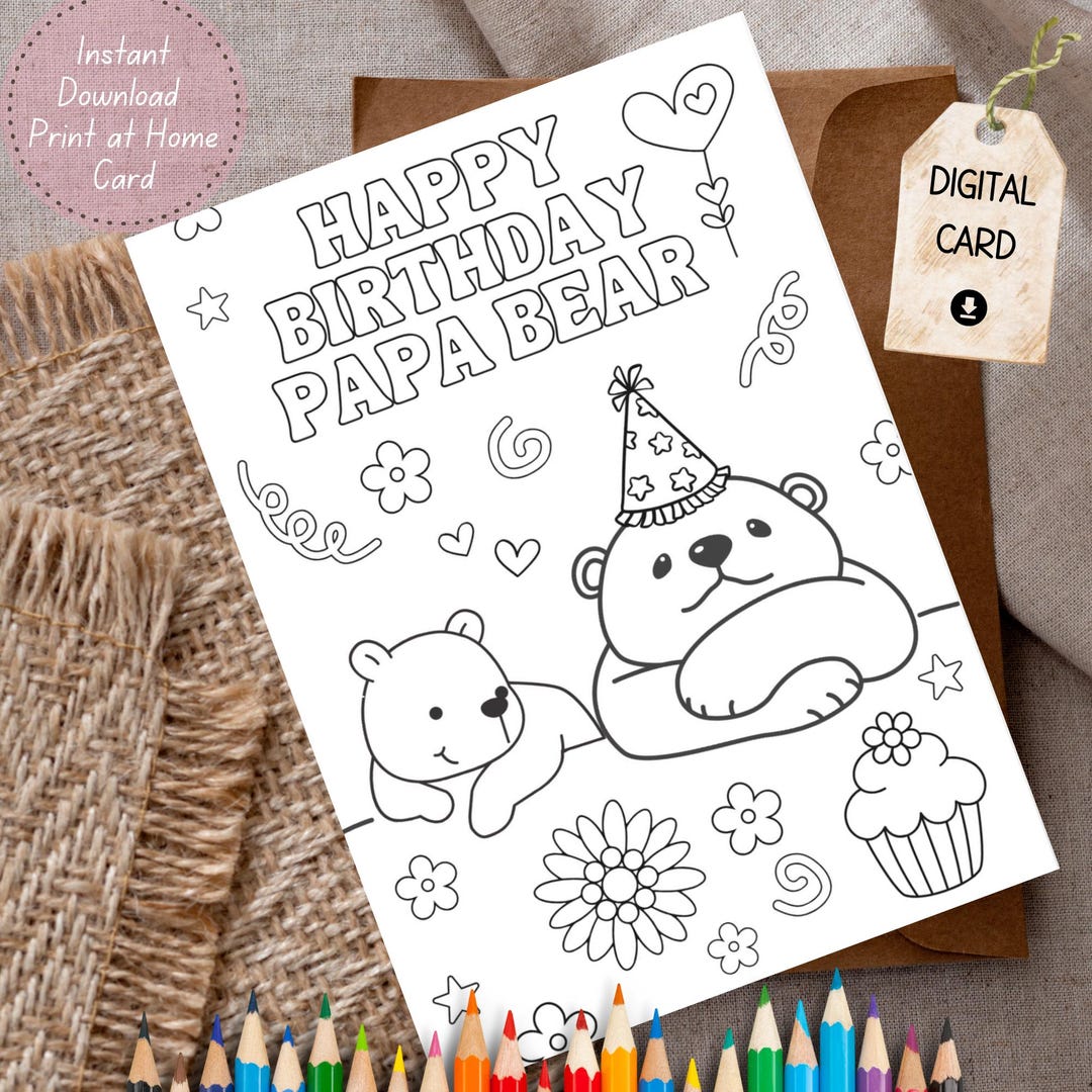 Dad Birthday Coloring Card Printable Papa Bear Kids Coloring Card DIY ...