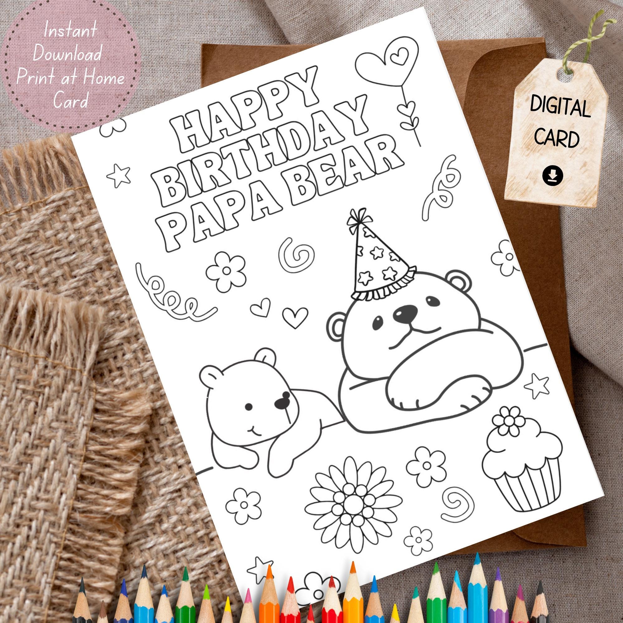 Dad Birthday Coloring Card Printable Papa Bear Kids Coloring Card DIY ...