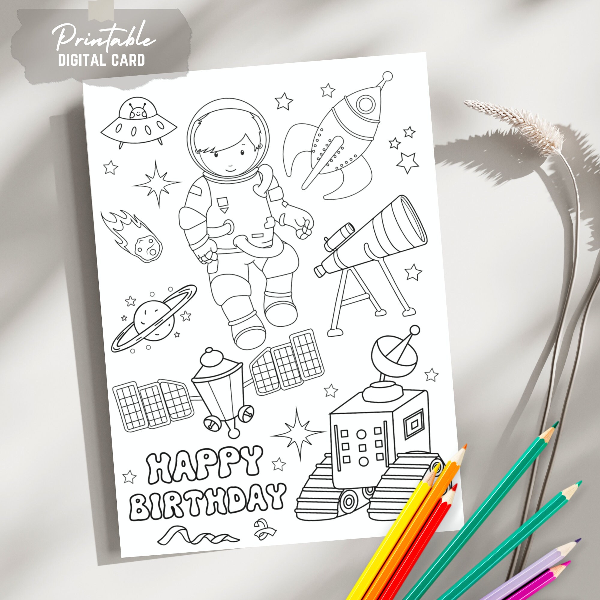 Printable Birthday Coloring Card Activity Space Theme Coloring Card for ...