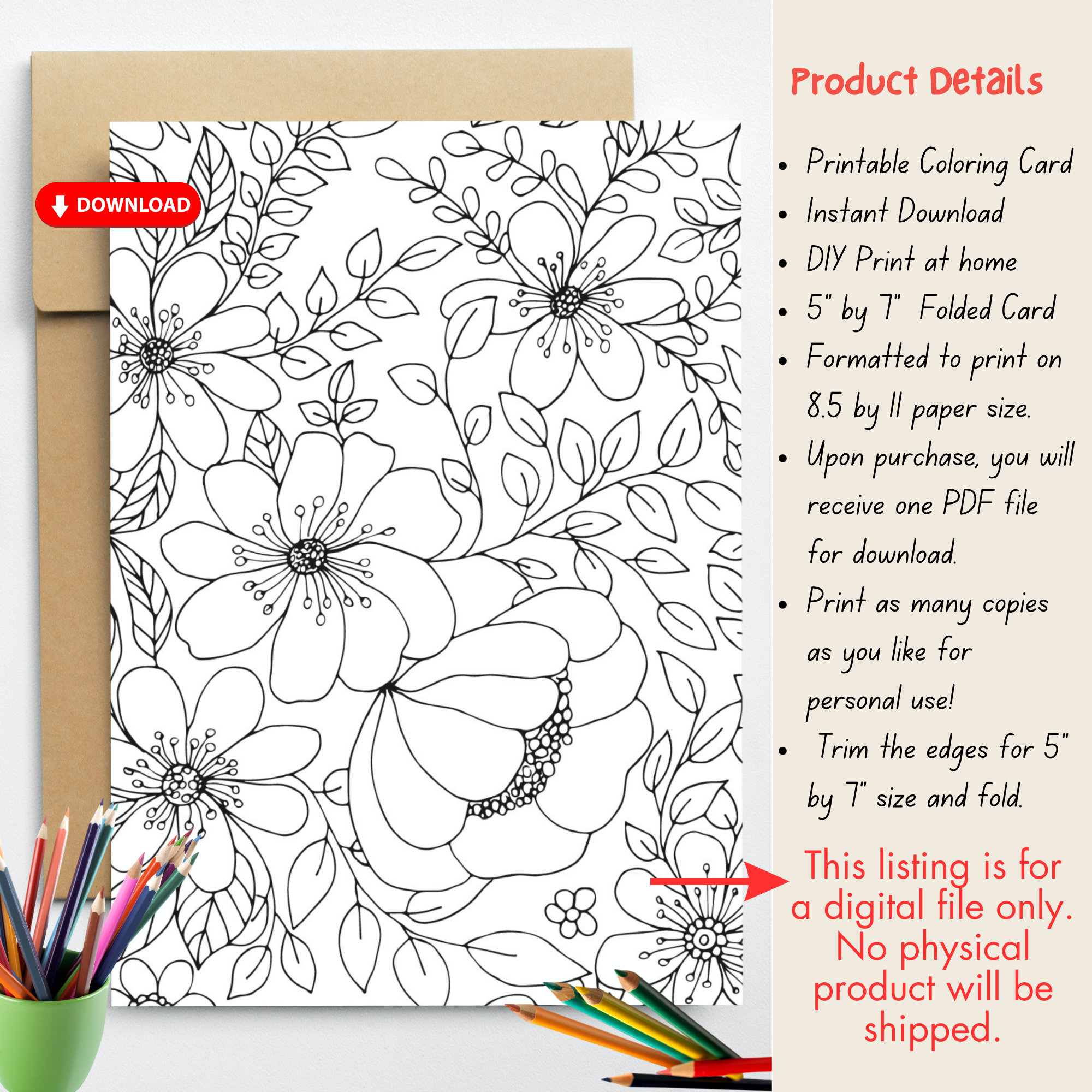 Floral Coloring Card Coloring Flowers Kids Coloring Card Printable ...
