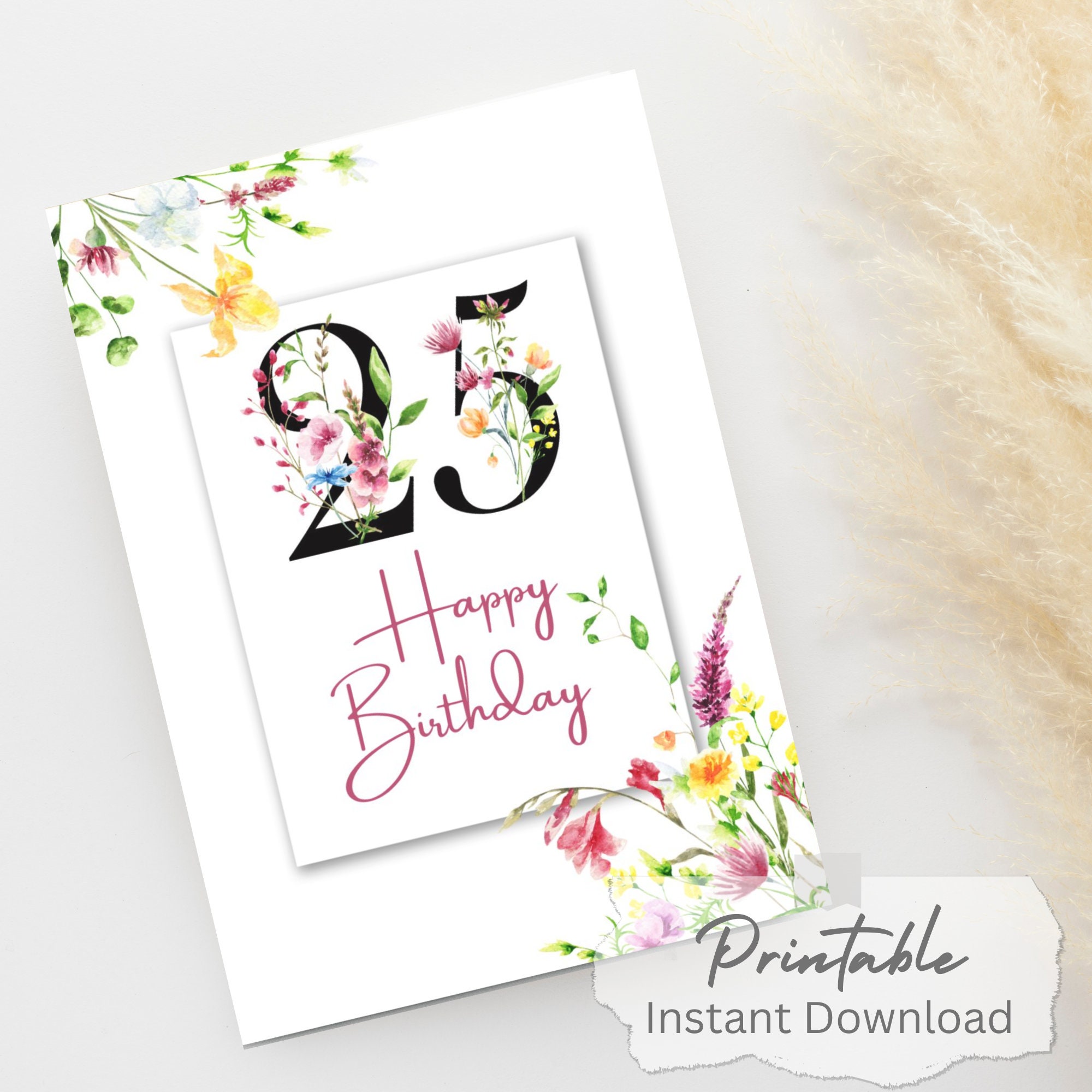 Printable 25th Happy Birthday Card | Instant Download | Blank Interior ...