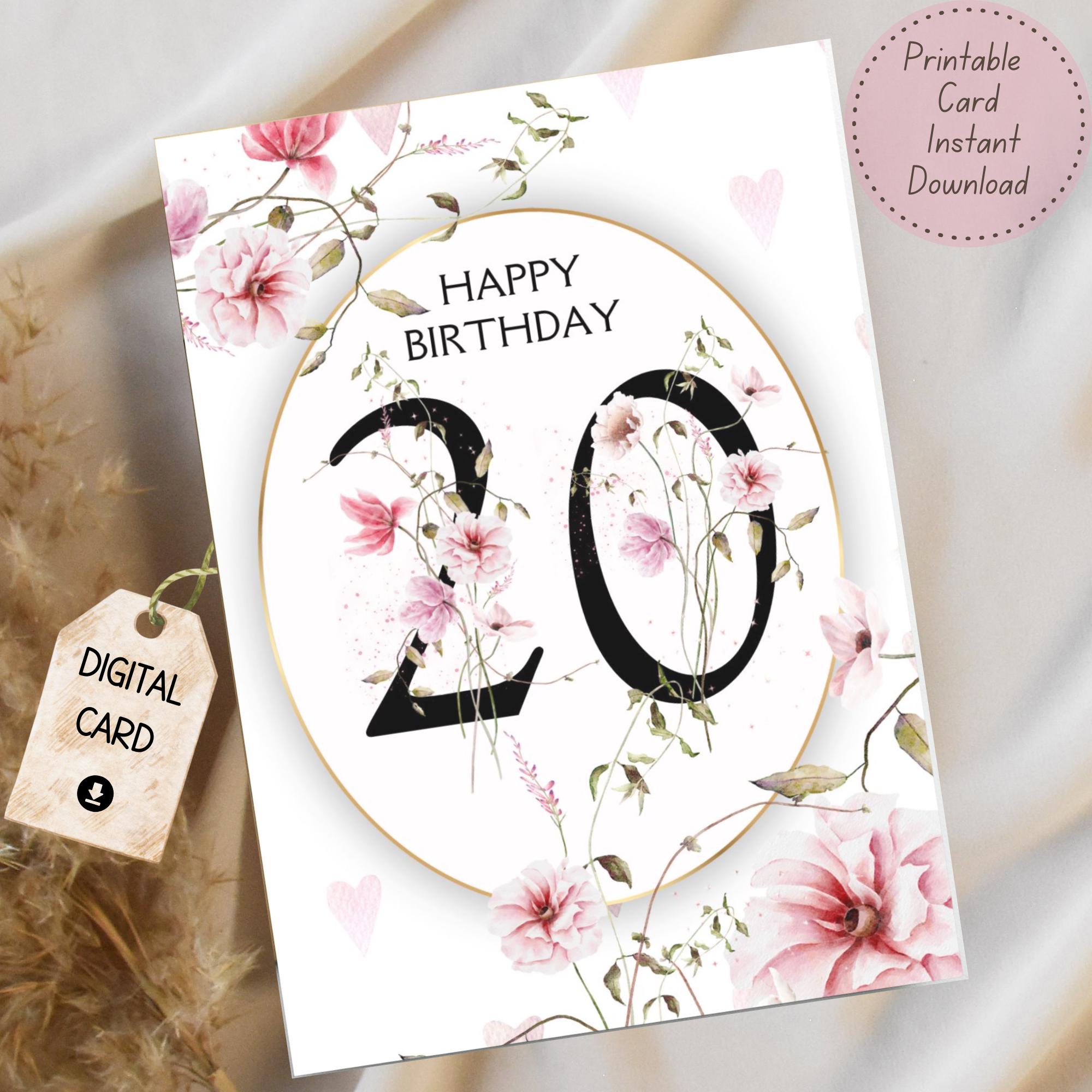 Printable 20th Happy Birthday Card Instant Download Blank Interior ...