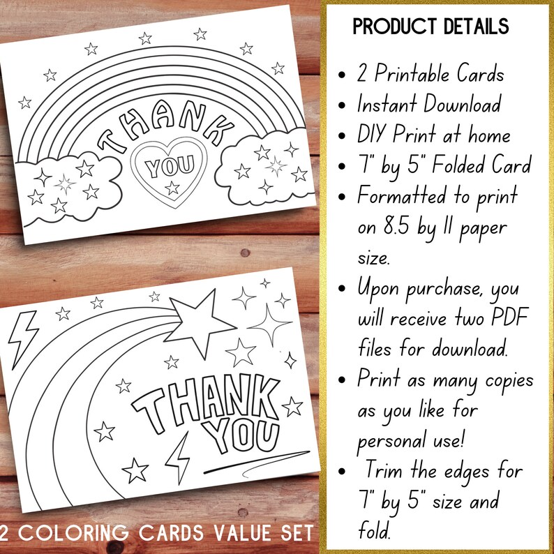 Printable Thank You Coloring Cards Value Pack Color Your Own Fun Thank ...