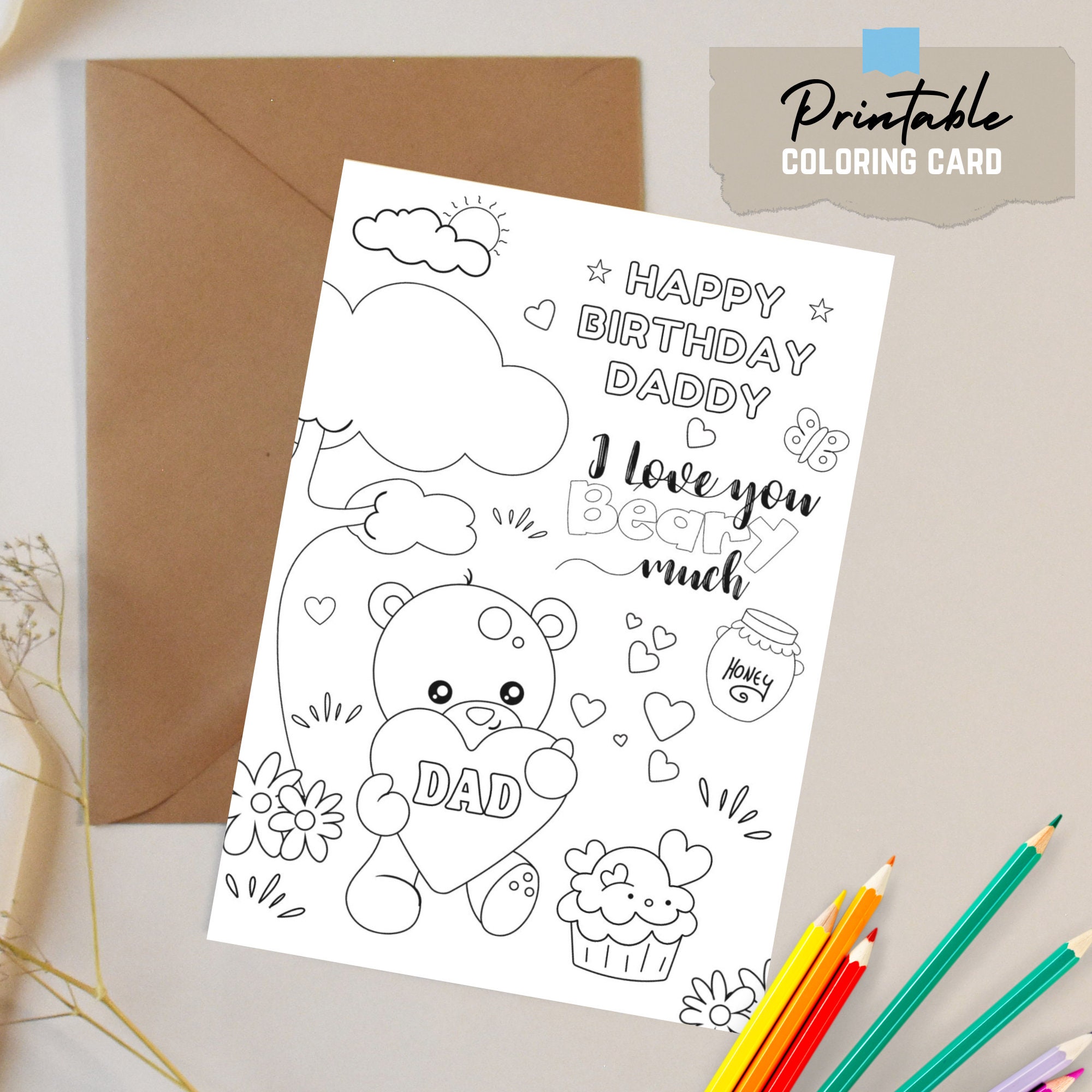 Printable Dad Birthday Coloring Card Activity Bear Colouring Card for ...