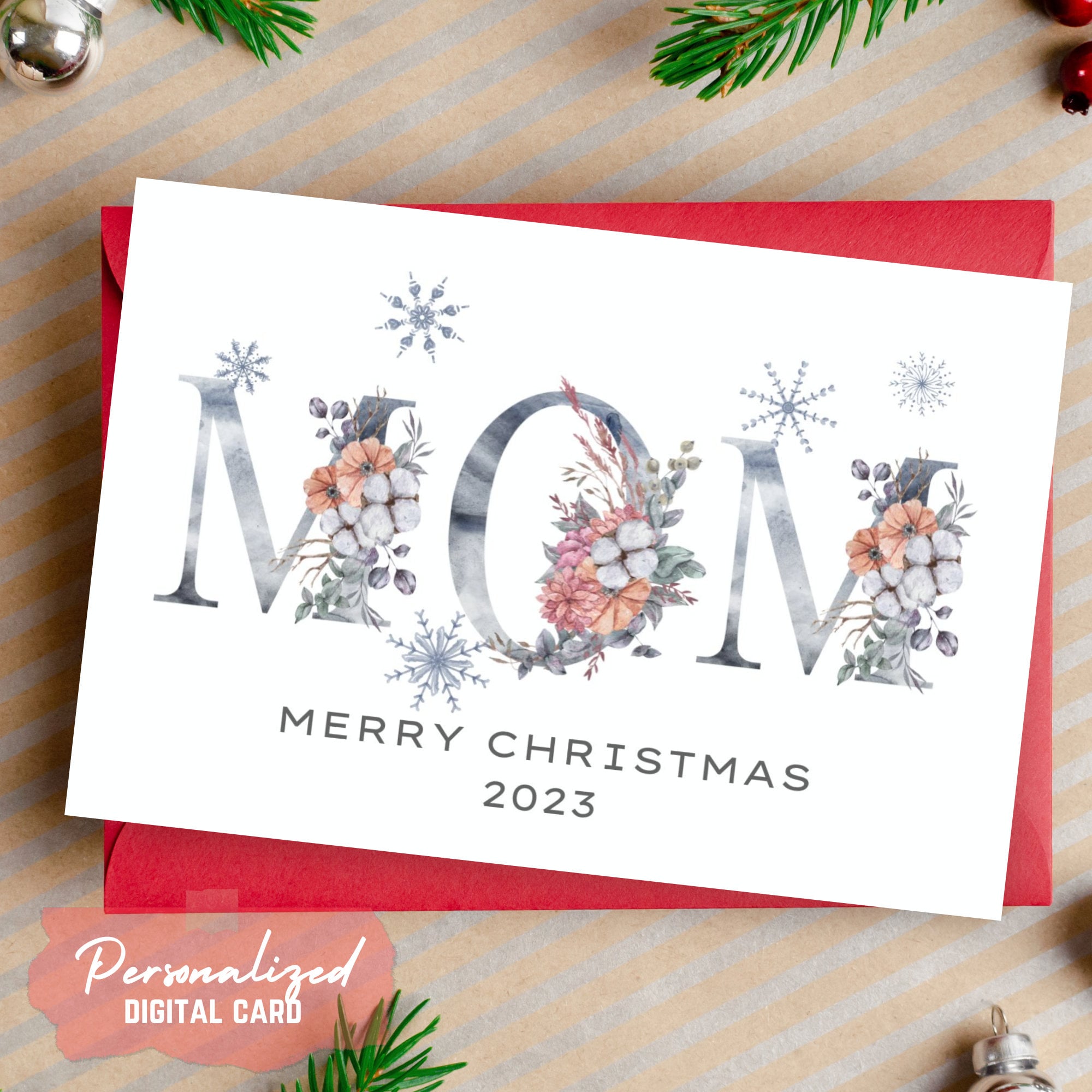 Mom Christmas Card Floral Merry Christmas Mom Christmas Card for Mom ...