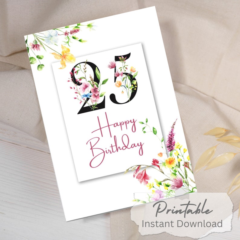 Printable 25th Happy Birthday Card | Instant Download | Blank Interior ...
