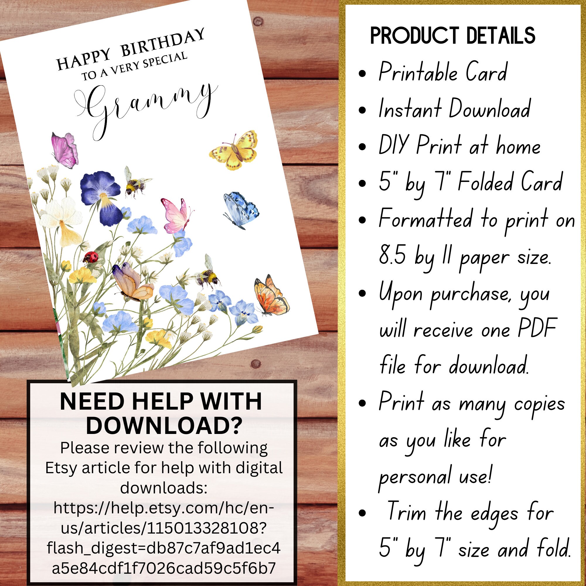 2 Versions Printable Happy Birthday Grandma or Grammy Card | Instant ...