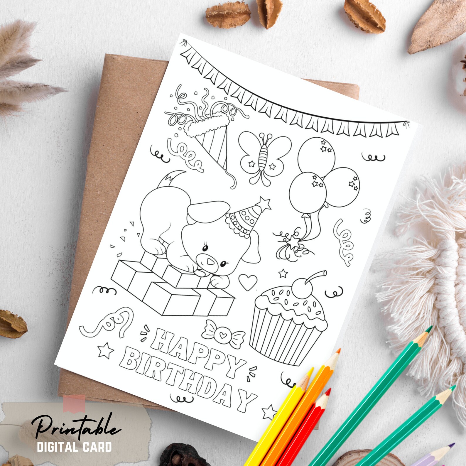 Printable Happy Birthday Coloring Card Activity Cute Puppy Coloring ...