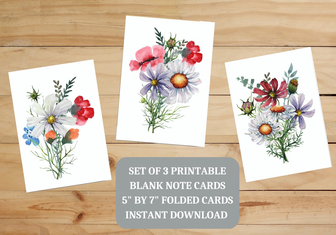 Printable Lovely Watercolor Wild Flowers Blank Note Cards, Value Set of ...