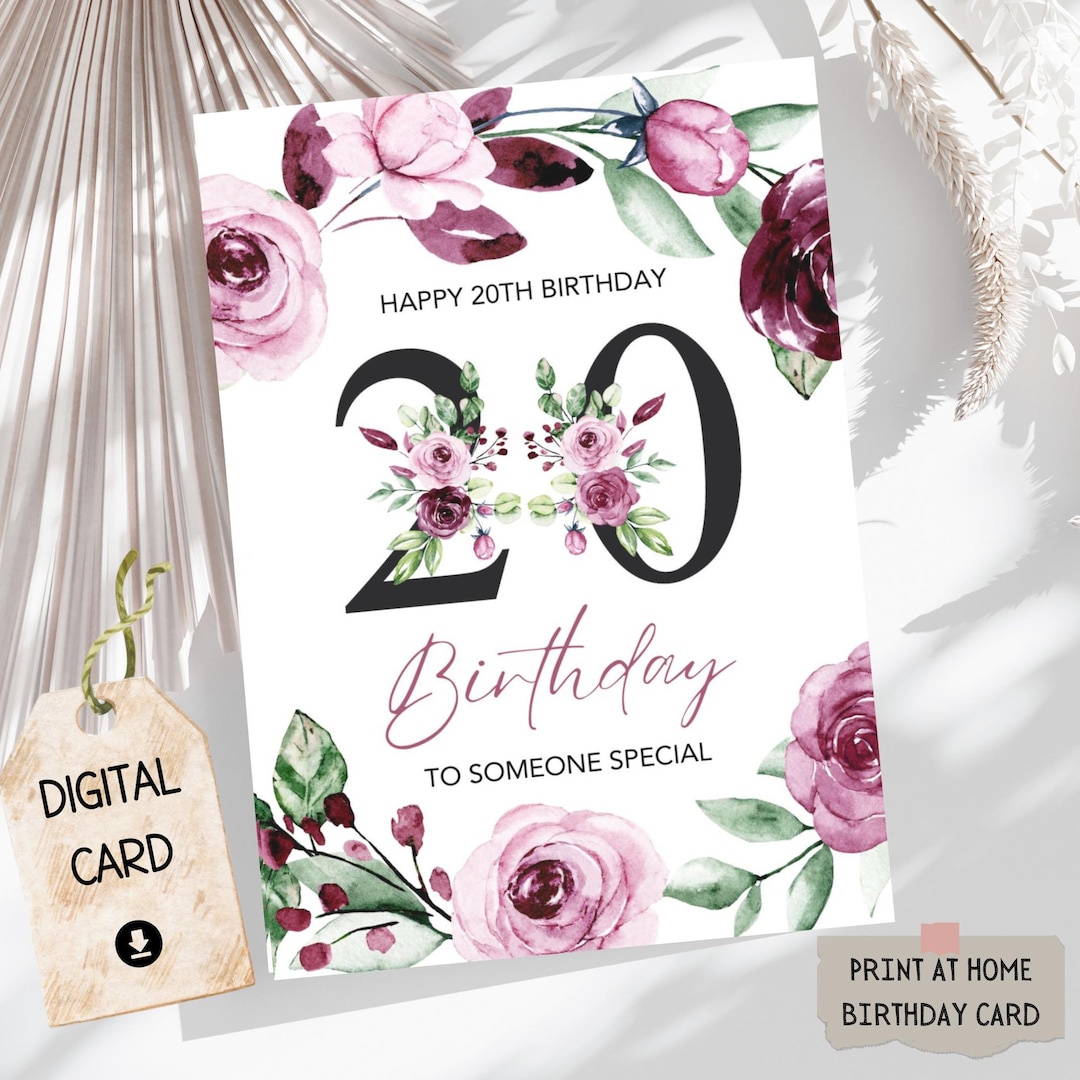 Printable 20th Happy Birthday Card Instant Download Blank Interior 20th ...