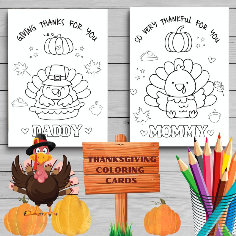 Thanksgiving Coloring Cards DIY Thanksgiving DOWNLOAD 2 Printable ...