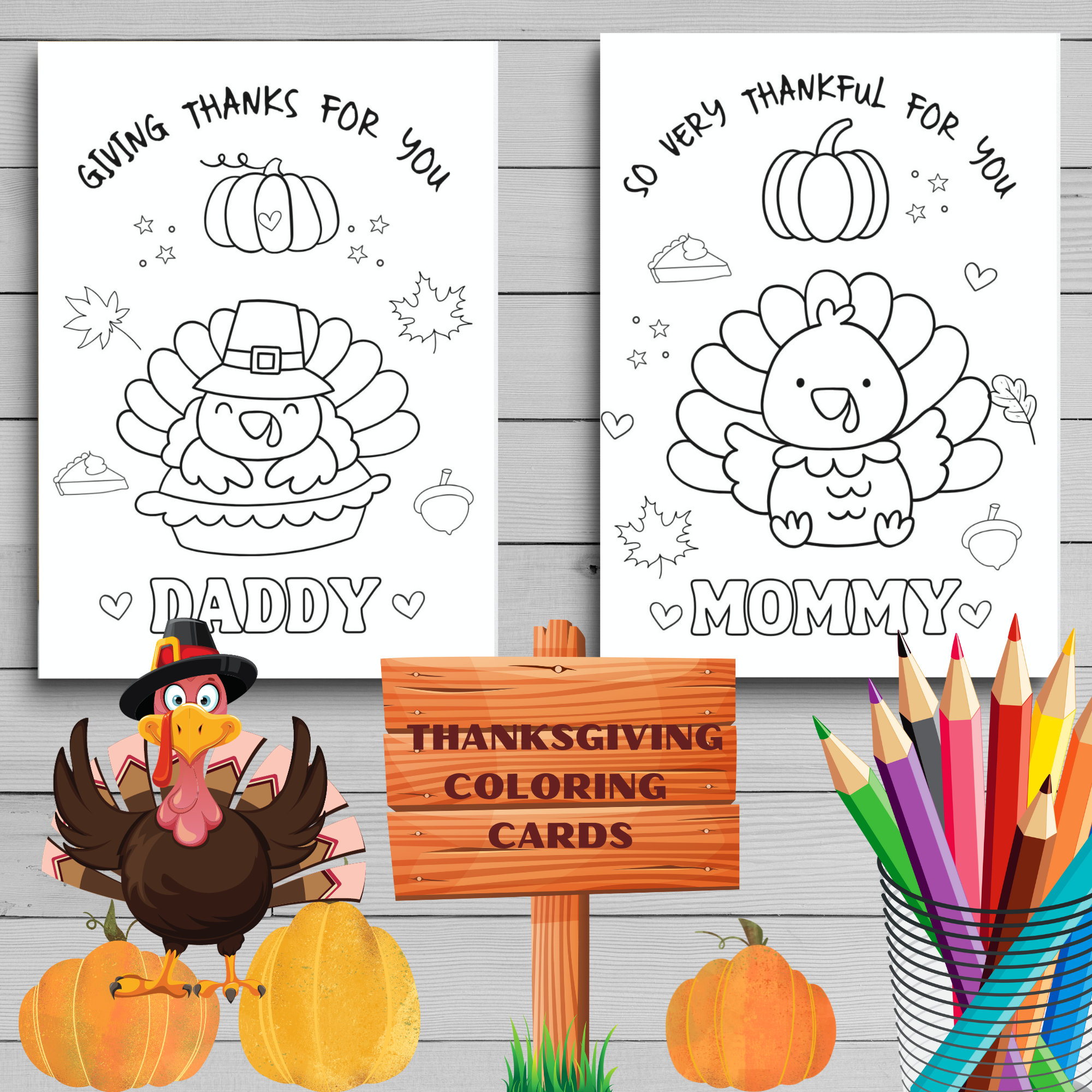 Thanksgiving Coloring Cards DIY Thanksgiving DOWNLOAD 2 Printable ...