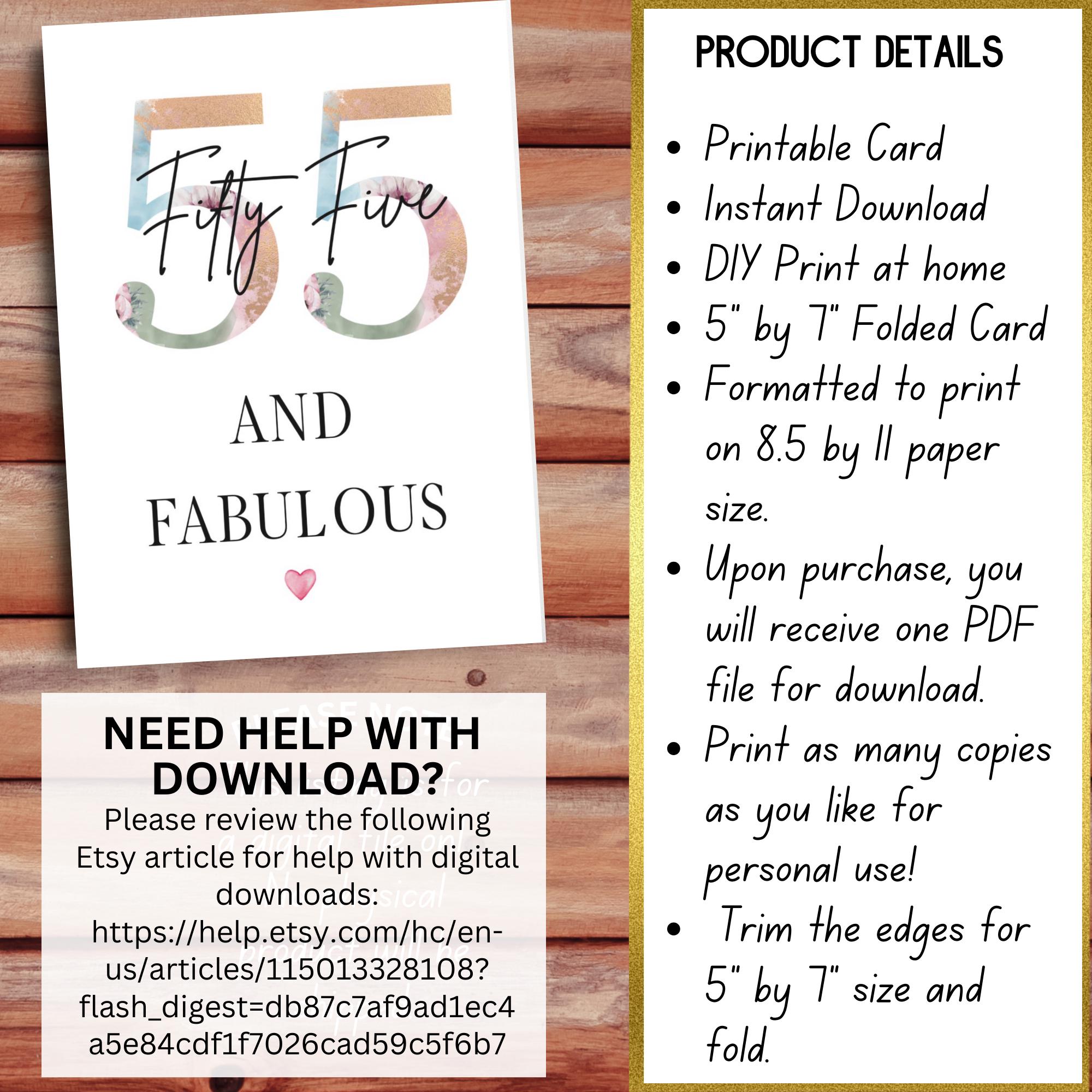 Printable 55th Happy Birthday Card DIY Instant Download Blank Interior ...