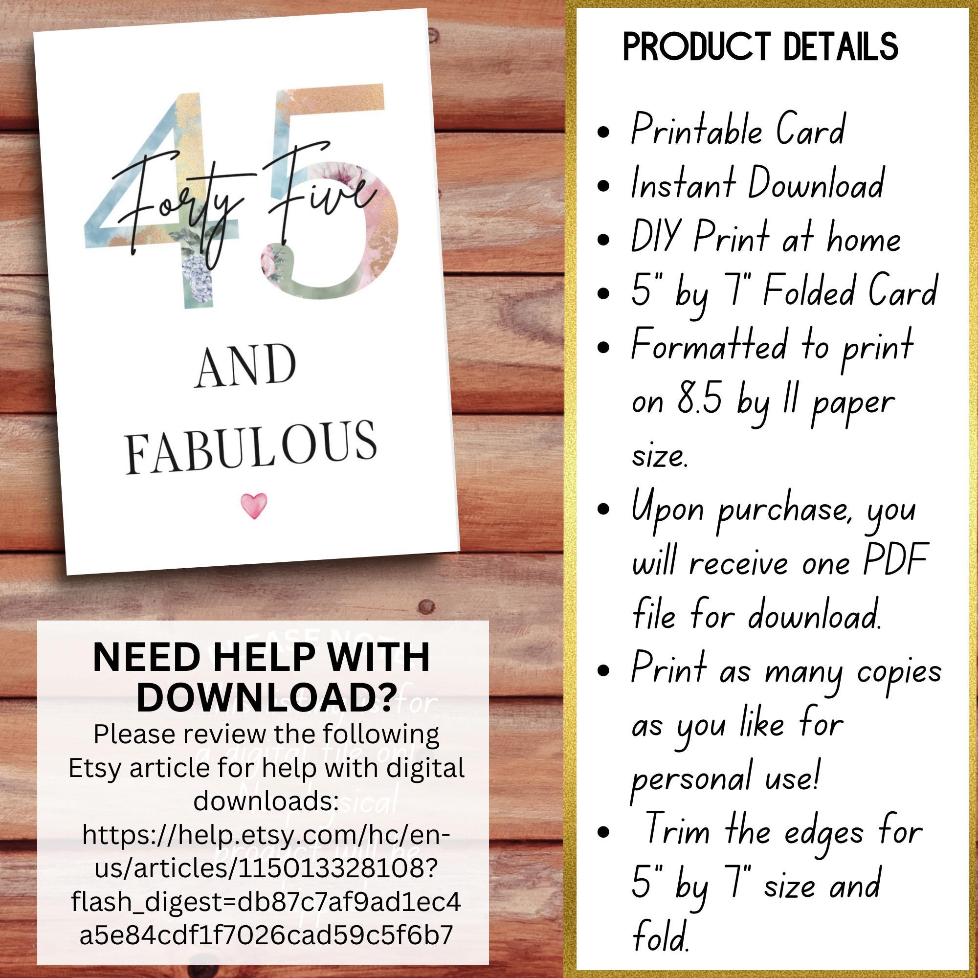 Printable 45th Happy Birthday Card DIY Instant Download Blank Interior ...