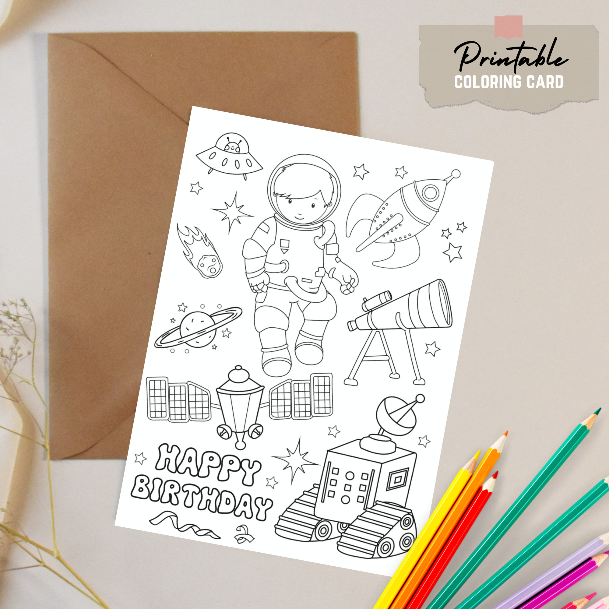 Printable Birthday Coloring Card Activity Space Theme Coloring Card for ...