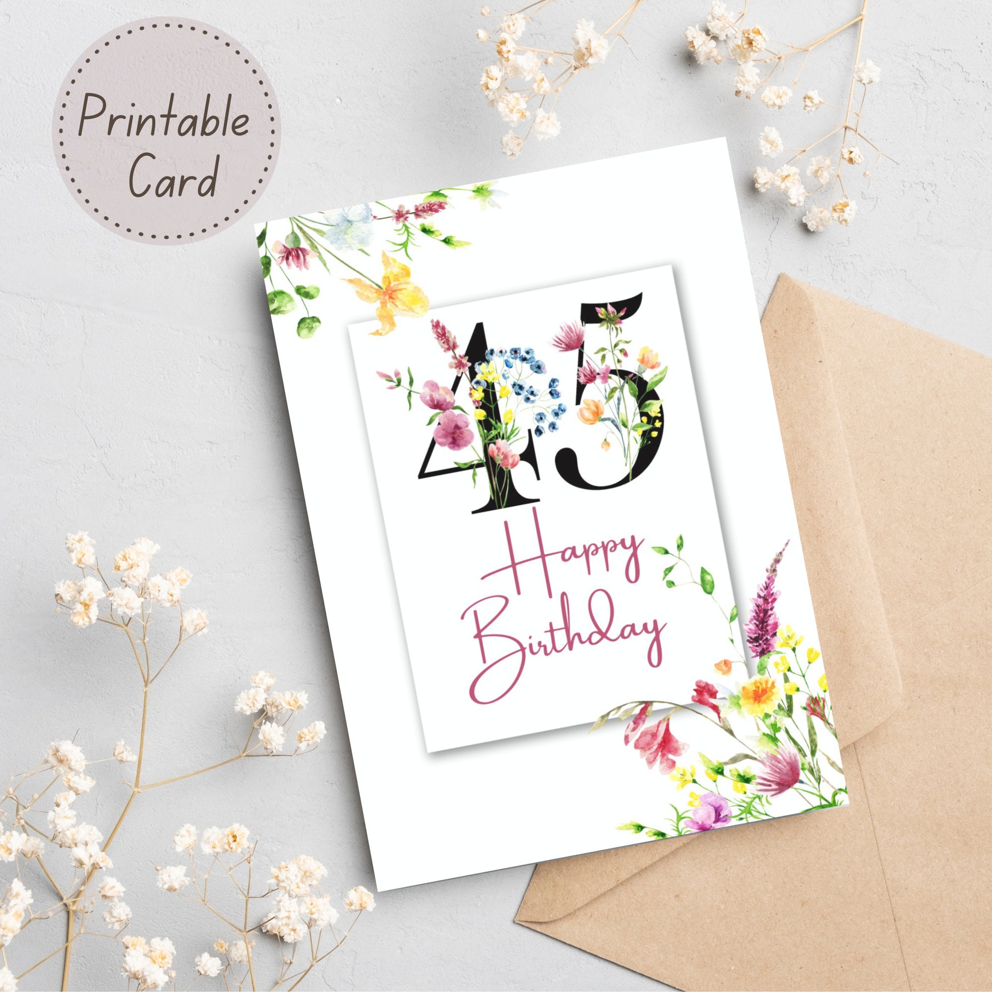 Printable 45th Happy Birthday Card Instant Download Blank Interior 45th ...