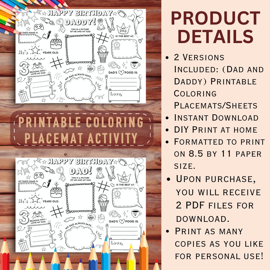 Happy Birthday Dad Coloring Page Activity Placemat Daddy Birthday ...