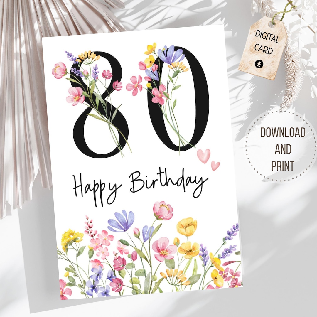 Printable 80th Birthday Card 80th Birthday Milestone Blank Card for ...