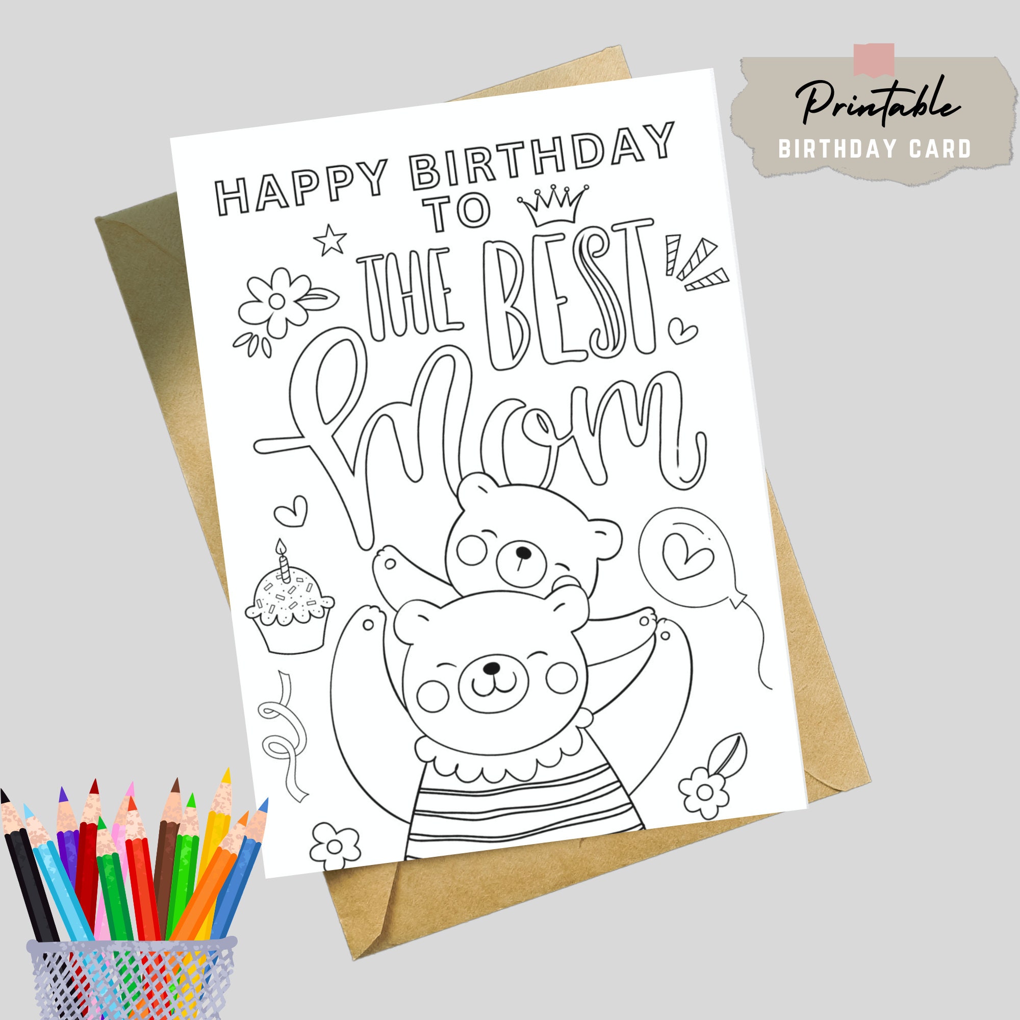 Printable Mom Birthday Coloring Card Activity Bear Mom and Baby ...