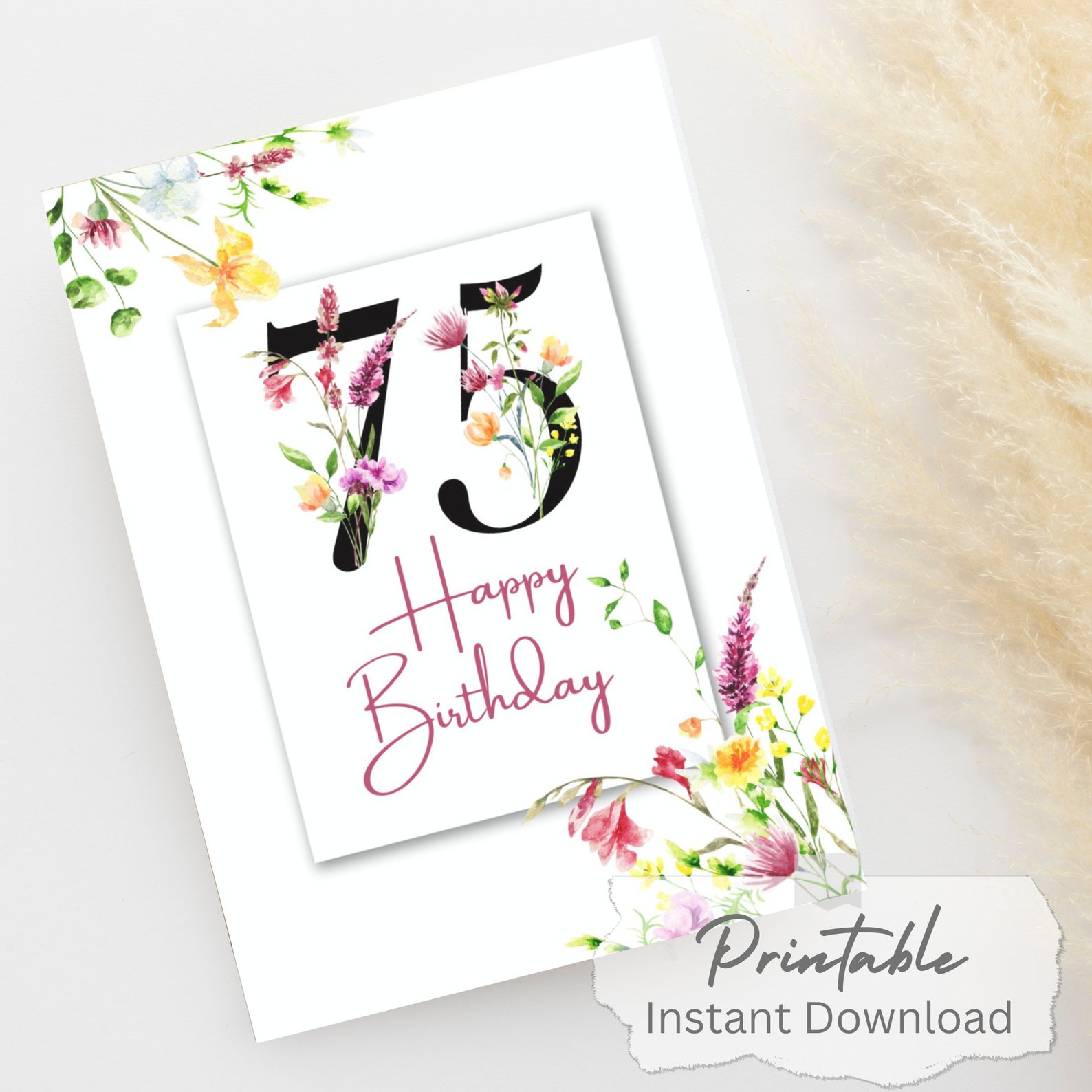Printable 75th Happy Birthday Card | Instant Download | Blank Interior ...