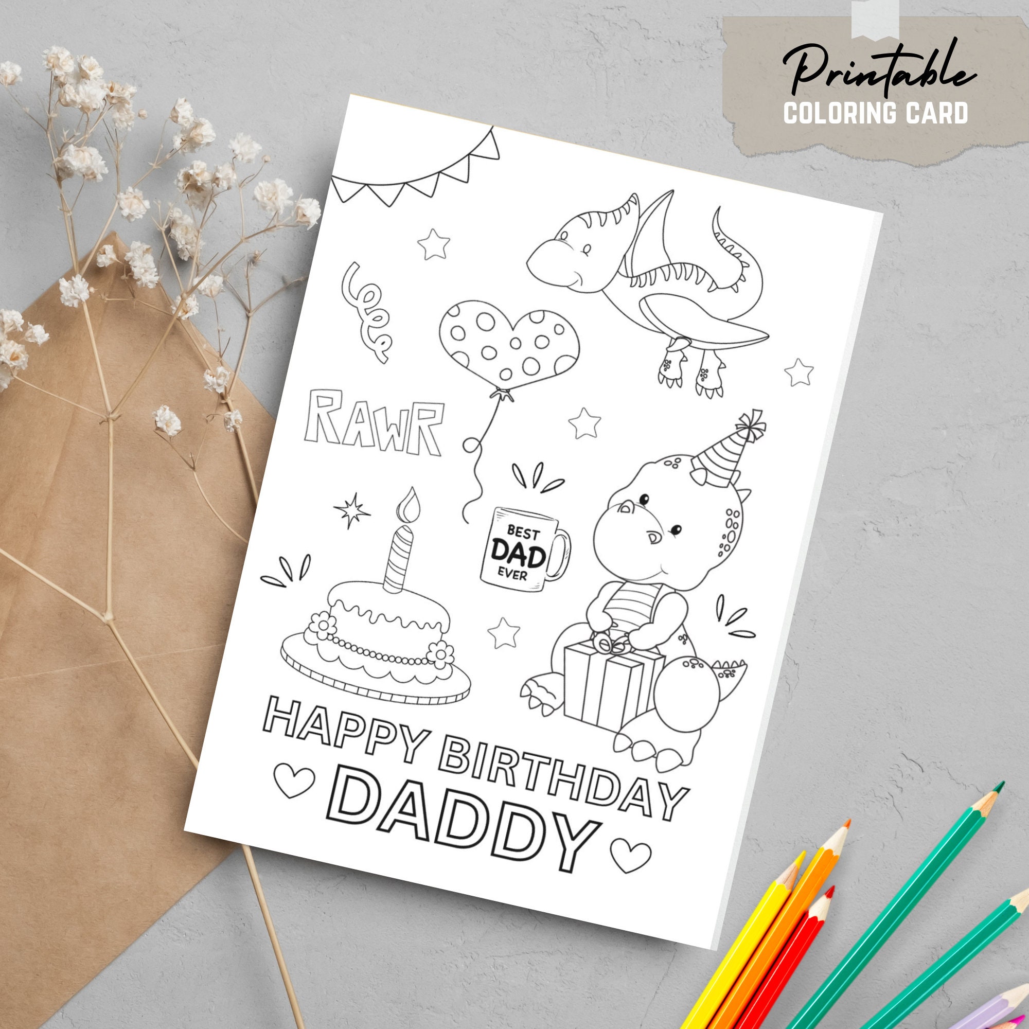 Coloring Card for Dad Birthday Cute Dinosaur Happy Birthday Daddy DIY ...