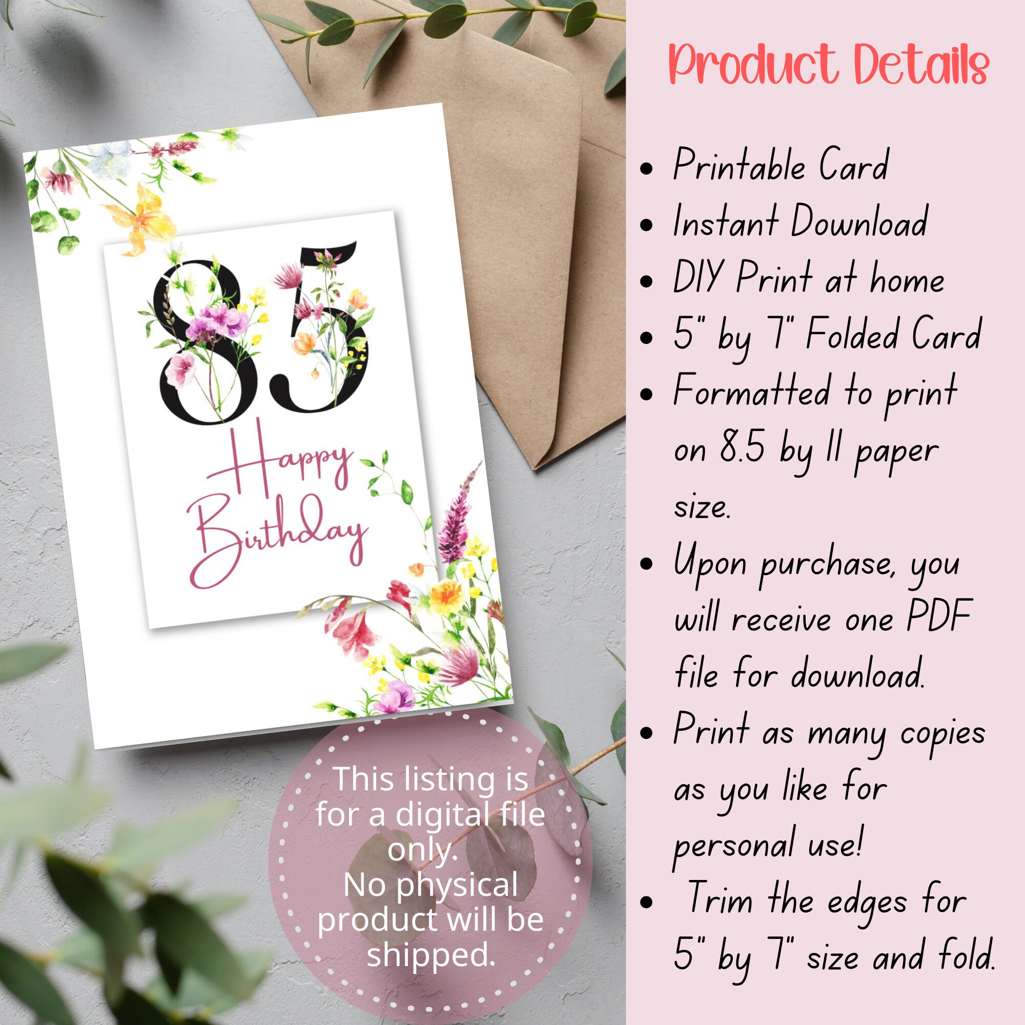 Printable 85th Happy Birthday Card Instant Download Blank Interior 85th ...