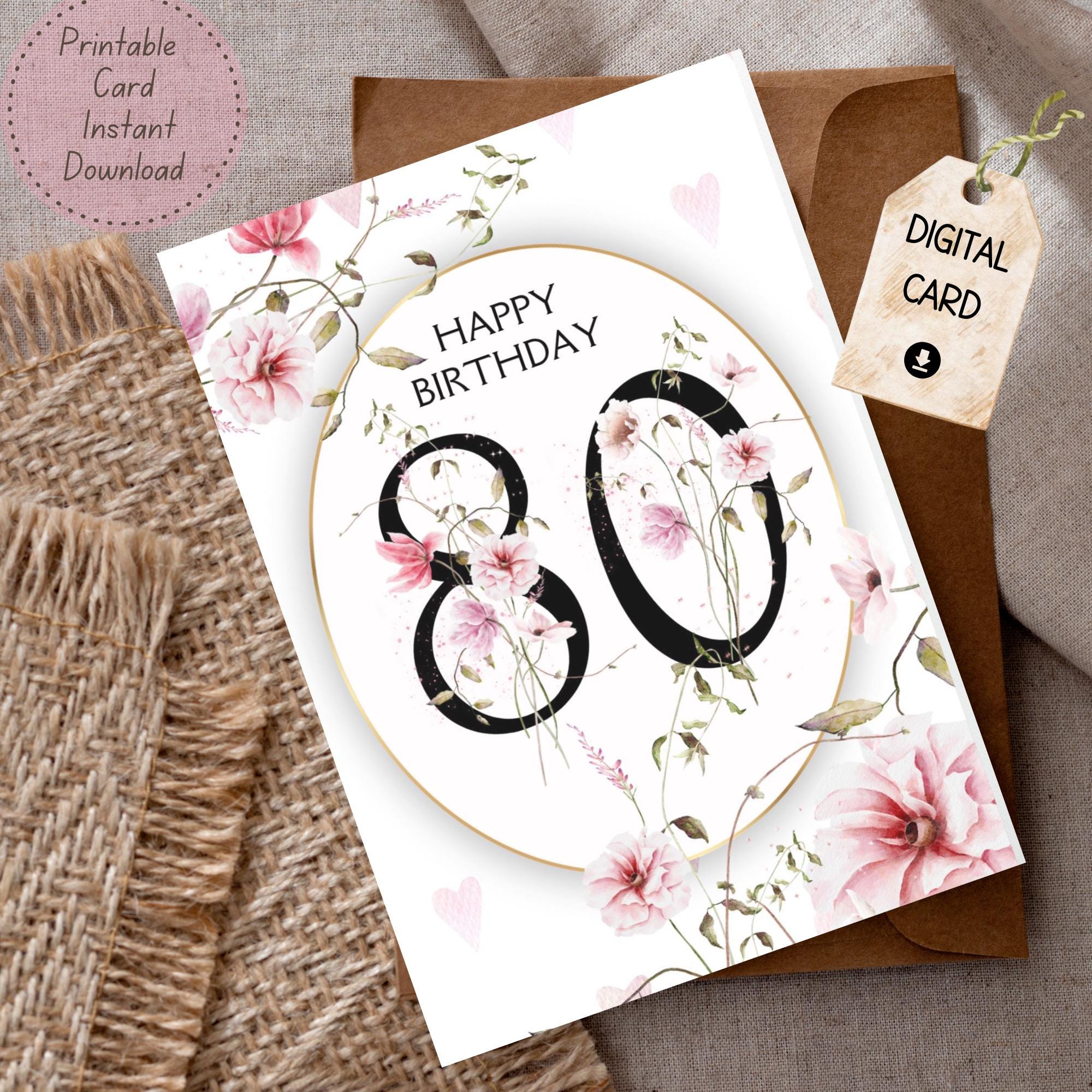 Printable 80th Happy Birthday Card Instant Download DIY Floral 80th ...