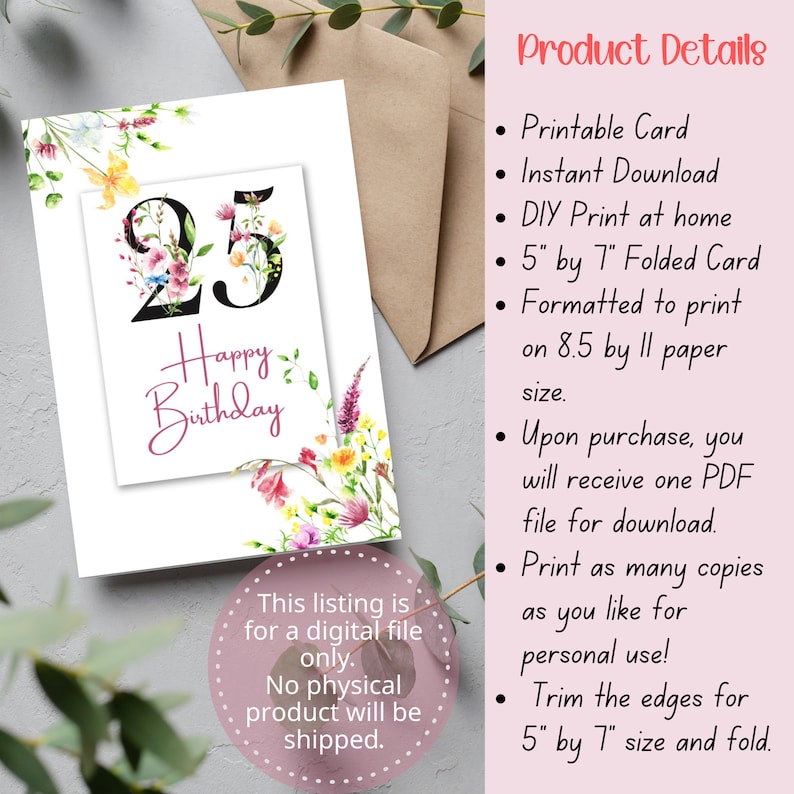 Printable 25th Happy Birthday Card | Instant Download | Blank Interior ...
