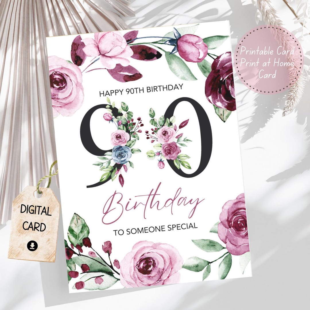 Printable 90th Happy Birthday Card | Instant Download | Blank Interior ...