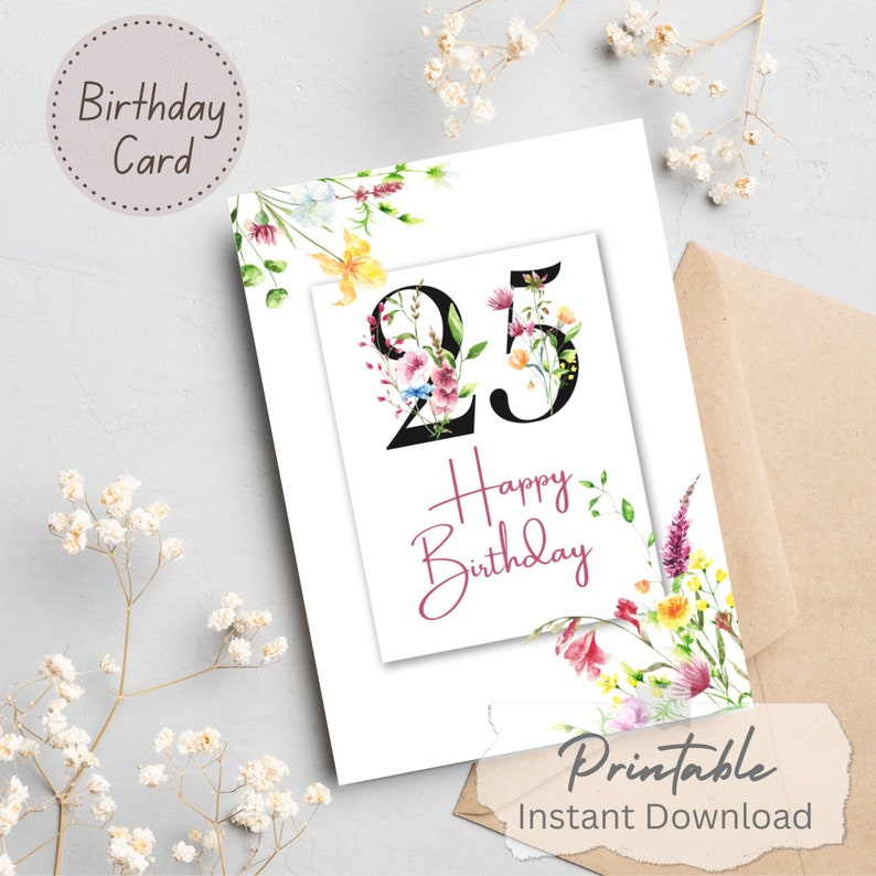 Printable 25th Happy Birthday Card | Instant Download | Blank Interior ...