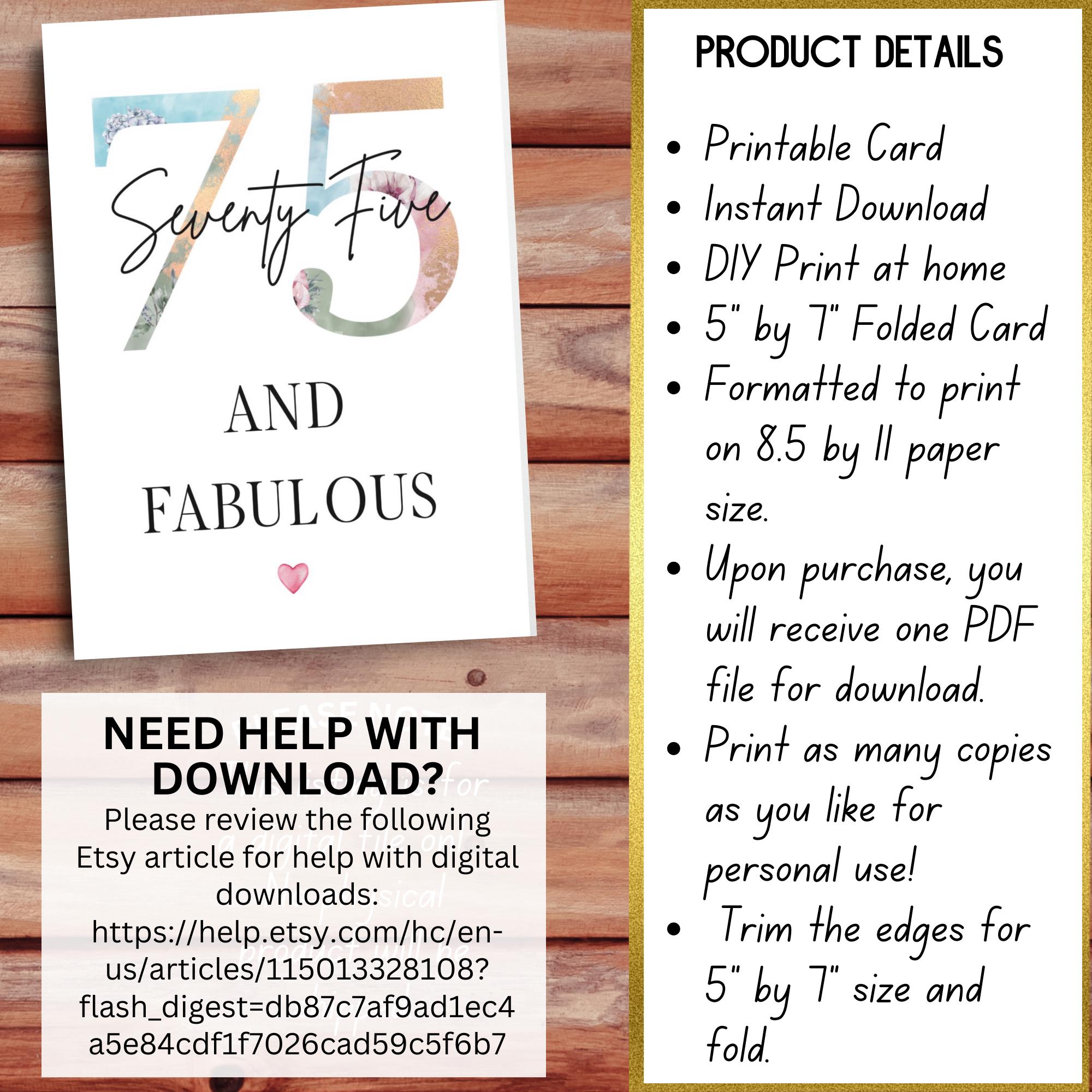 Printable 75th Happy Birthday Card DIY Instant Download Blank Interior ...