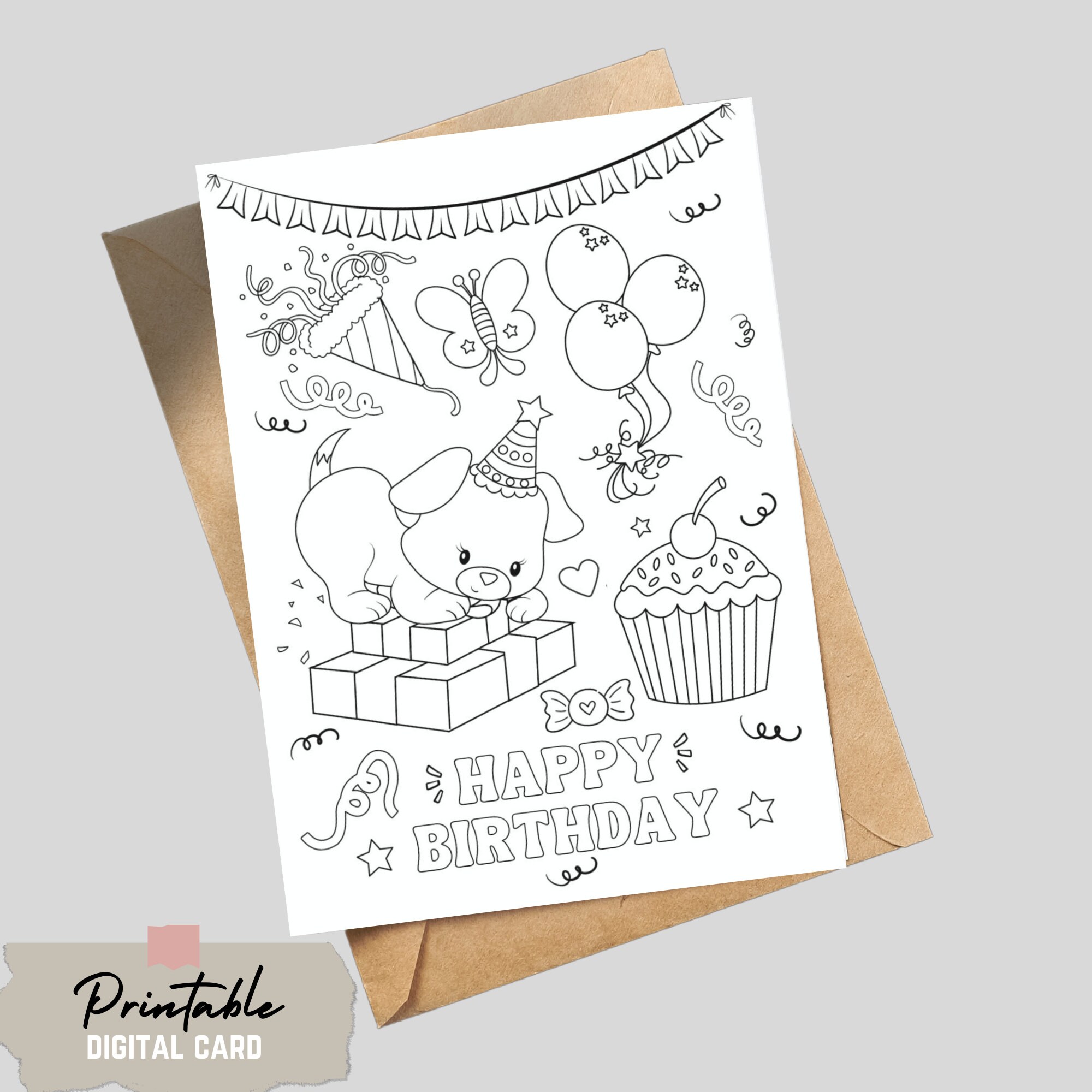 Printable Happy Birthday Coloring Card Activity Cute Puppy Coloring ...